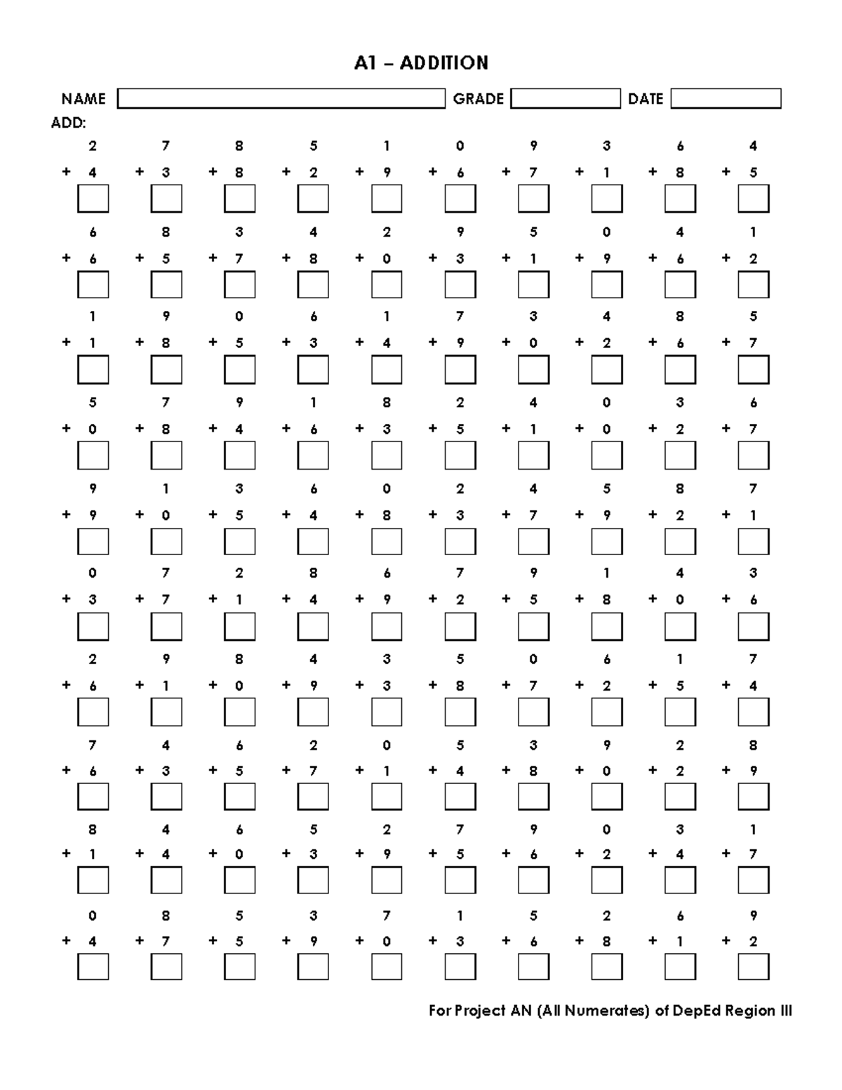 A1 S1 M1 D1 RIII - Math Drill for Project AN (All Numerates) - Studocu