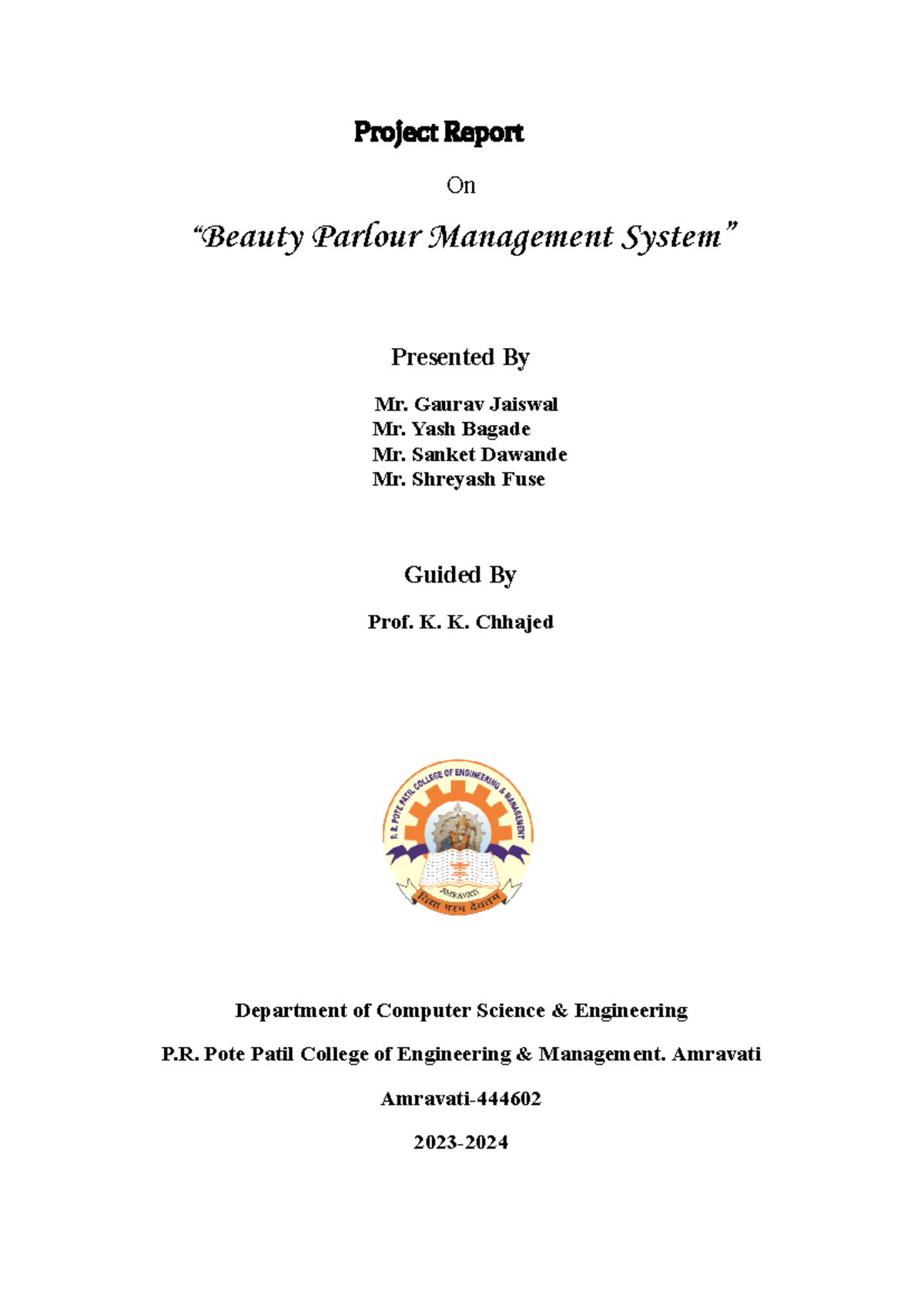 Beauty Parlour Management System Project Report (DBMS 5KS07) 2023 - Studocu