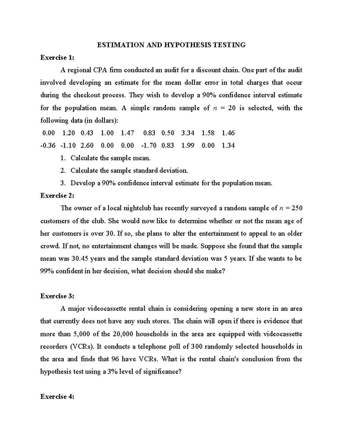 EST 101: Estimation & Hypothesis Testing Exercises Overview - Studocu