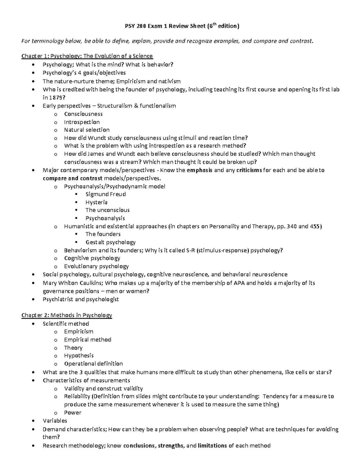 PSY 200 Exam 1 Study Guide: Key Concepts and Terminology Review - Studocu