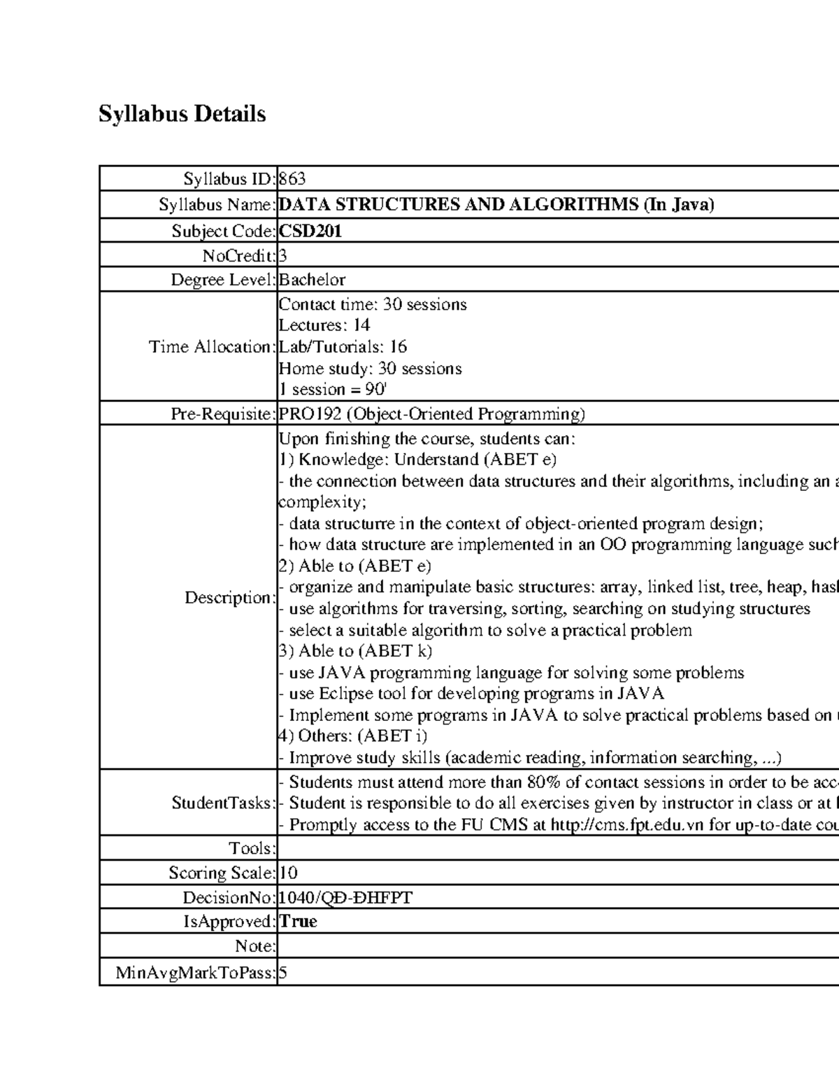 CSD201 Syllabus: Data Structures & Algorithms (Java) Overview - Studocu