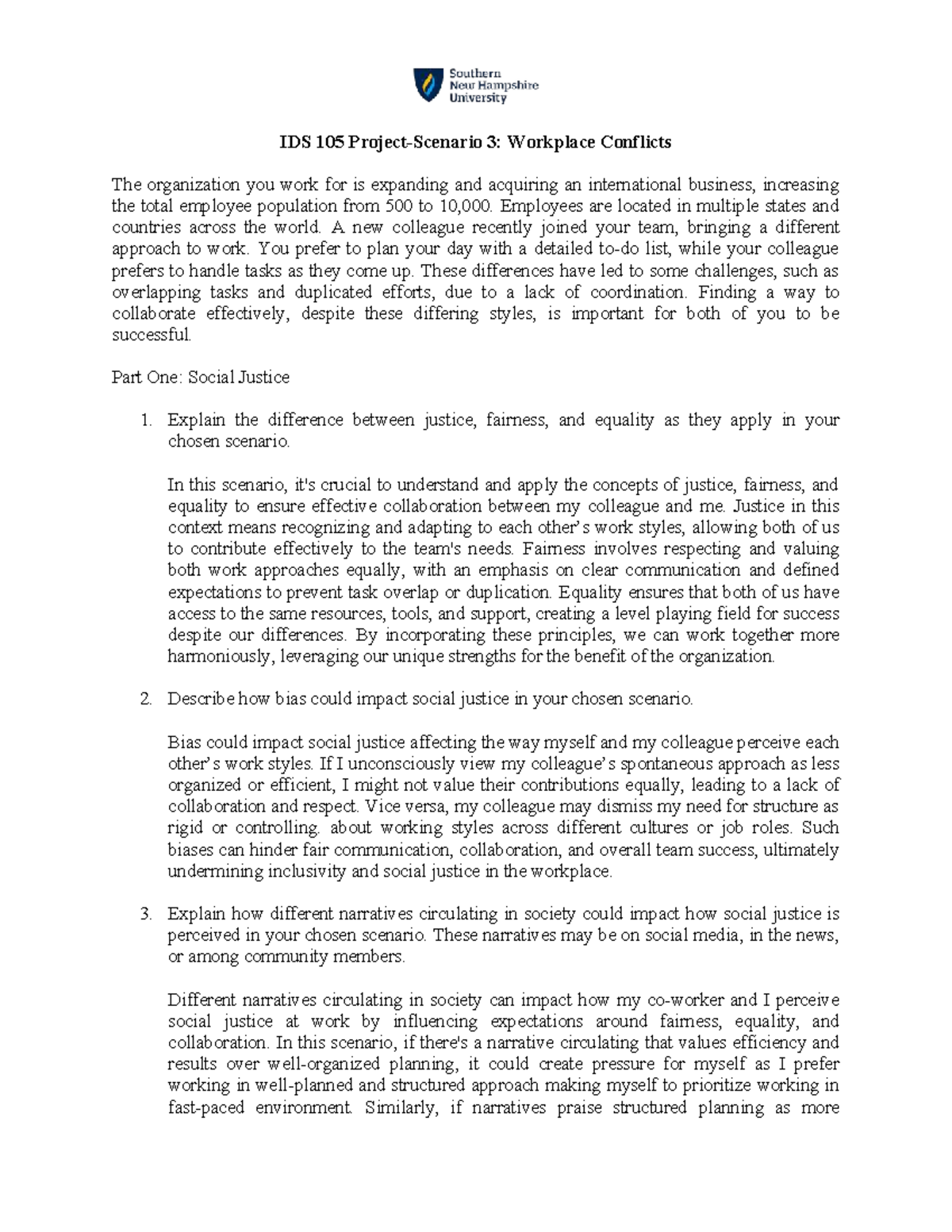 IDS 105: Navigating Workplace Conflicts and Social Justice Principles ...