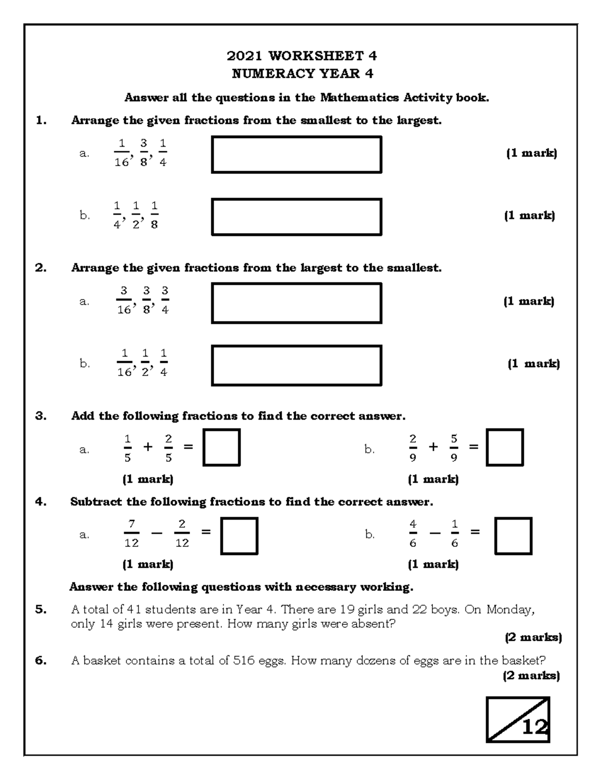 Year 4 Numeracy Worksheet 4: Fraction Arrangements & Calculations - Studocu