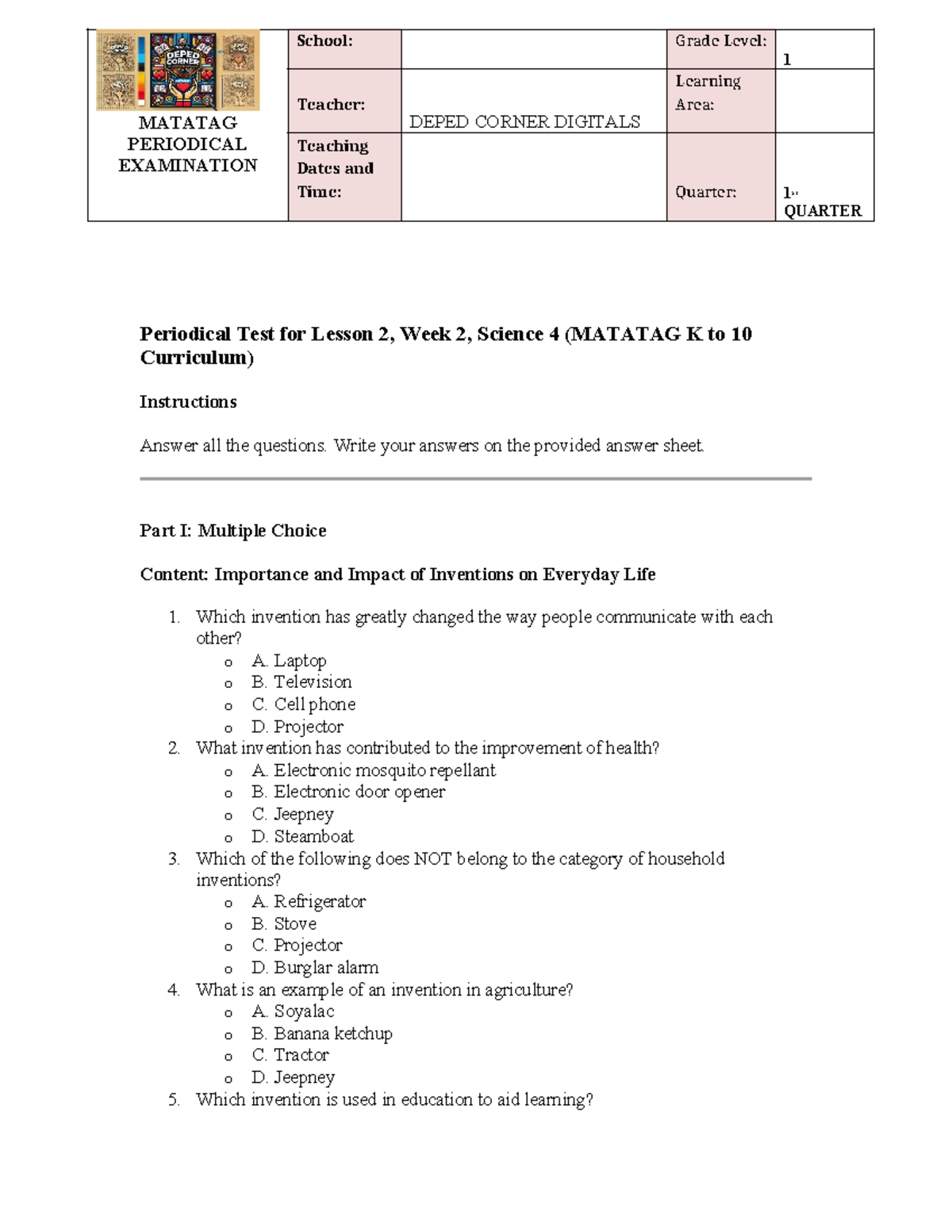 PT-1: Periodical Test for Science 4 - Lesson 2, Week 2 Exam - Studocu