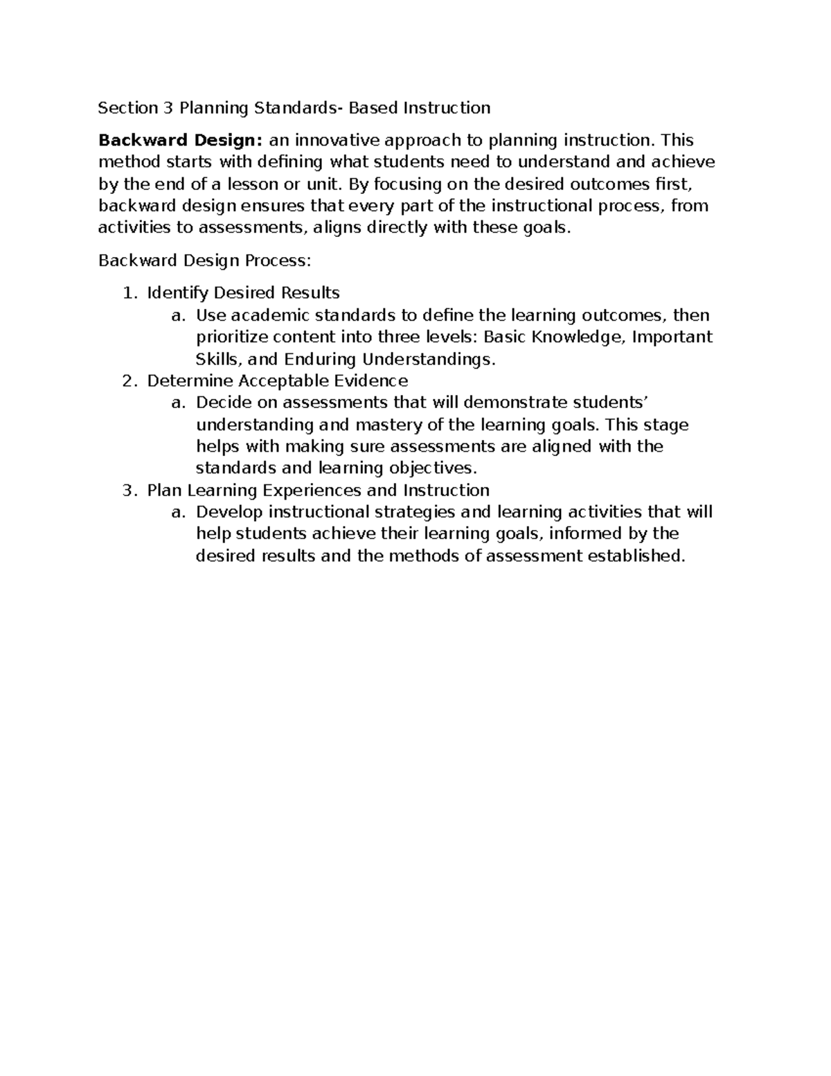 Section 3: Planning Standards-Based Instruction with Backward Design ...