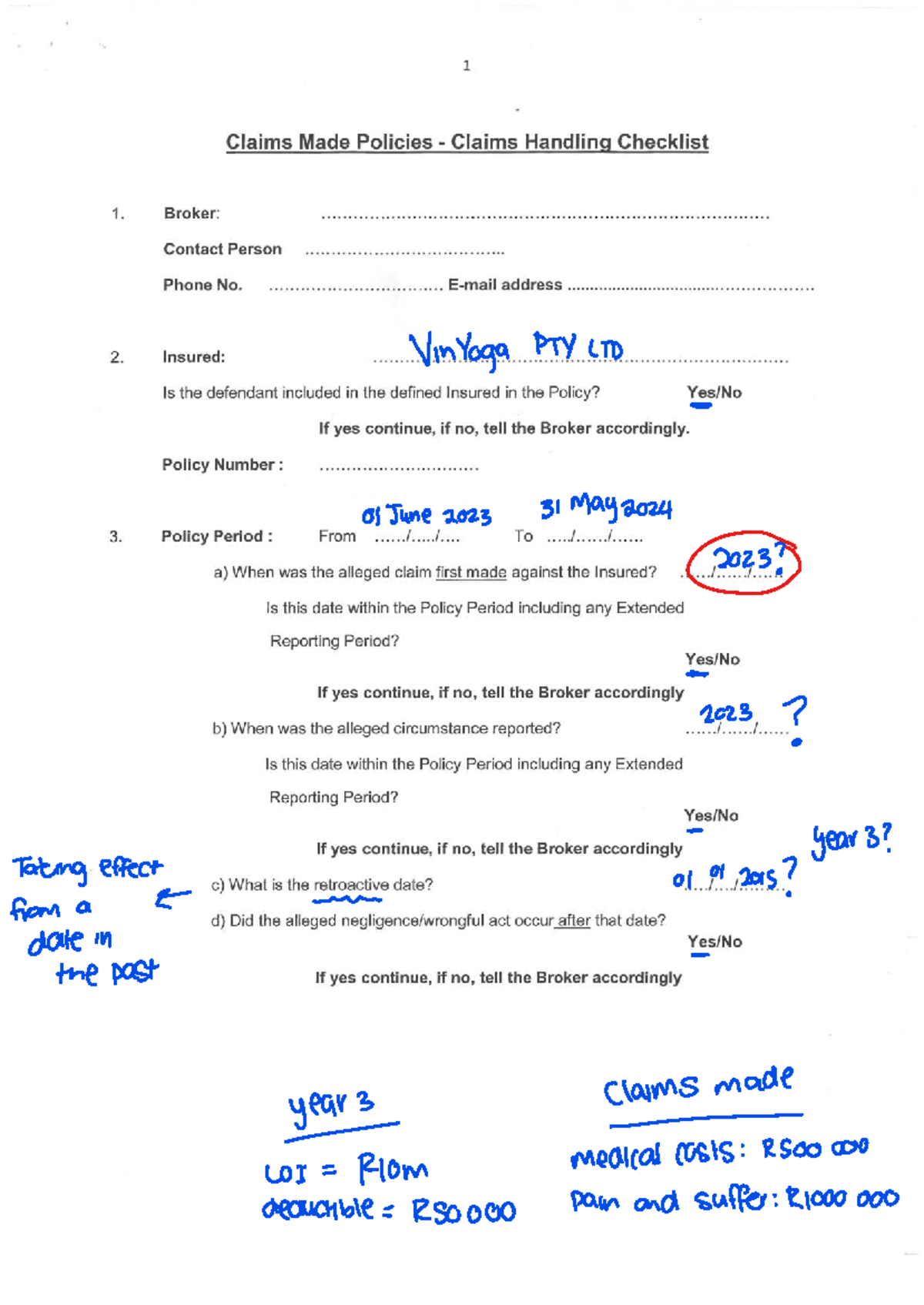 1 - Claims Handling Checklist for Miscellaneous PI Q1a - Studocu