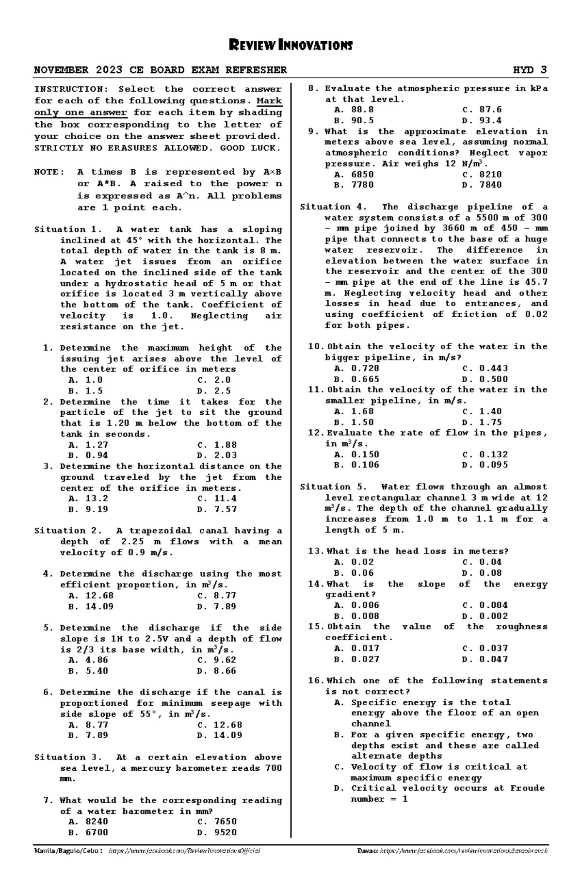 Hydraulics CE Board Exam Set 3 - Practice Problems (Nov 2023) - Studocu
