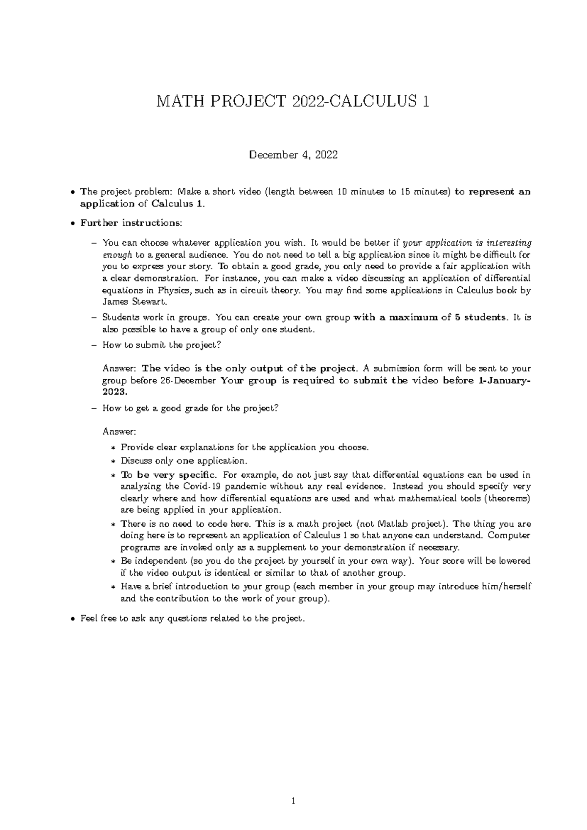 Math project - good - MATH PROJECT 2022-CALCULUS 1 December 4, 2022 The ...