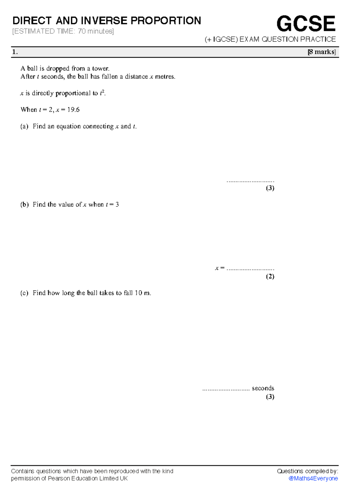 GCSE IGCSE Direct & Inverse Proportion Exam Qs Practice - Studocu