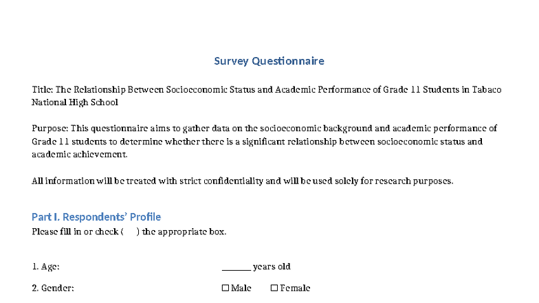Survey Questionnaire: Socioeconomic Status & Academic Performance of ...