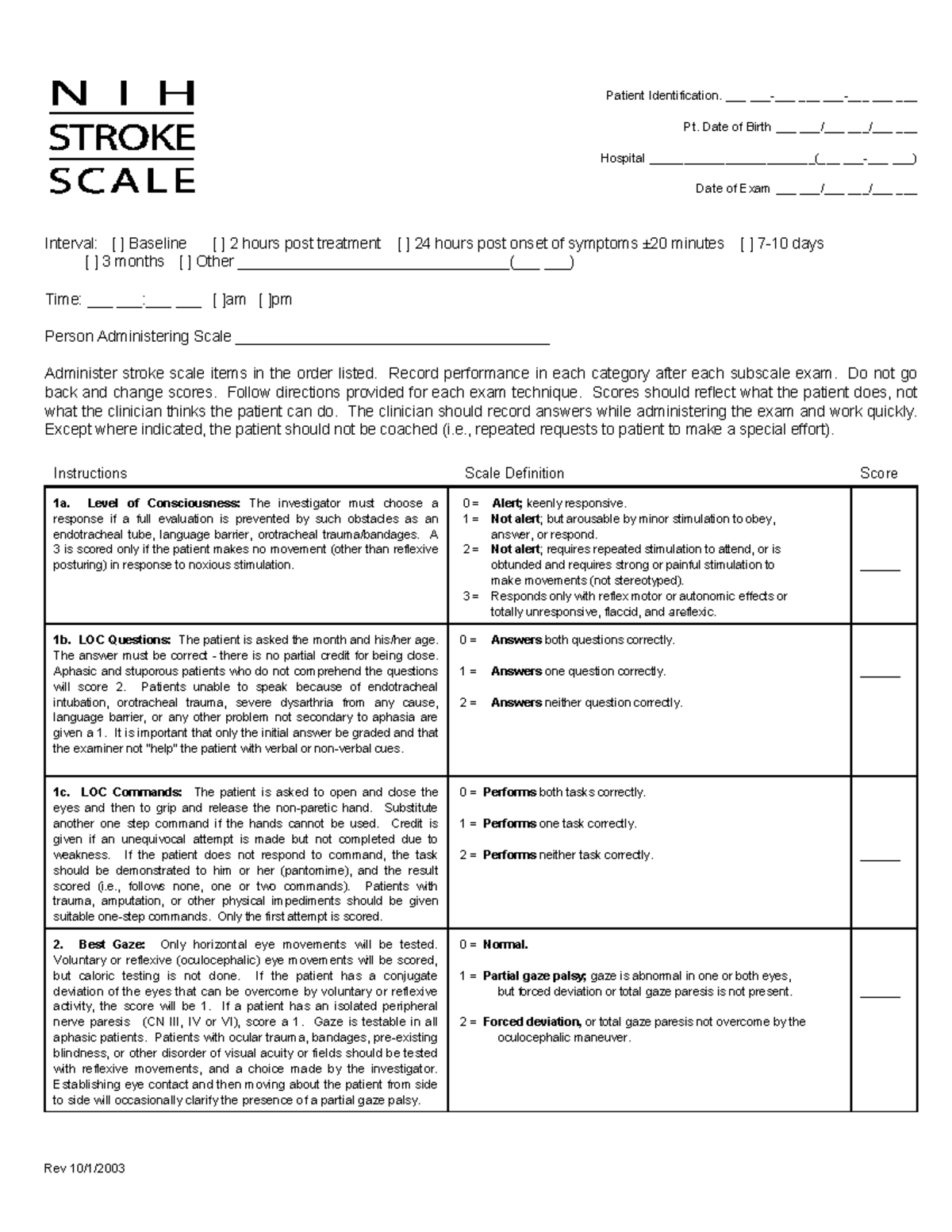 NIH Stroke Scale Administration Guide - Patient Assessment Form - Studocu