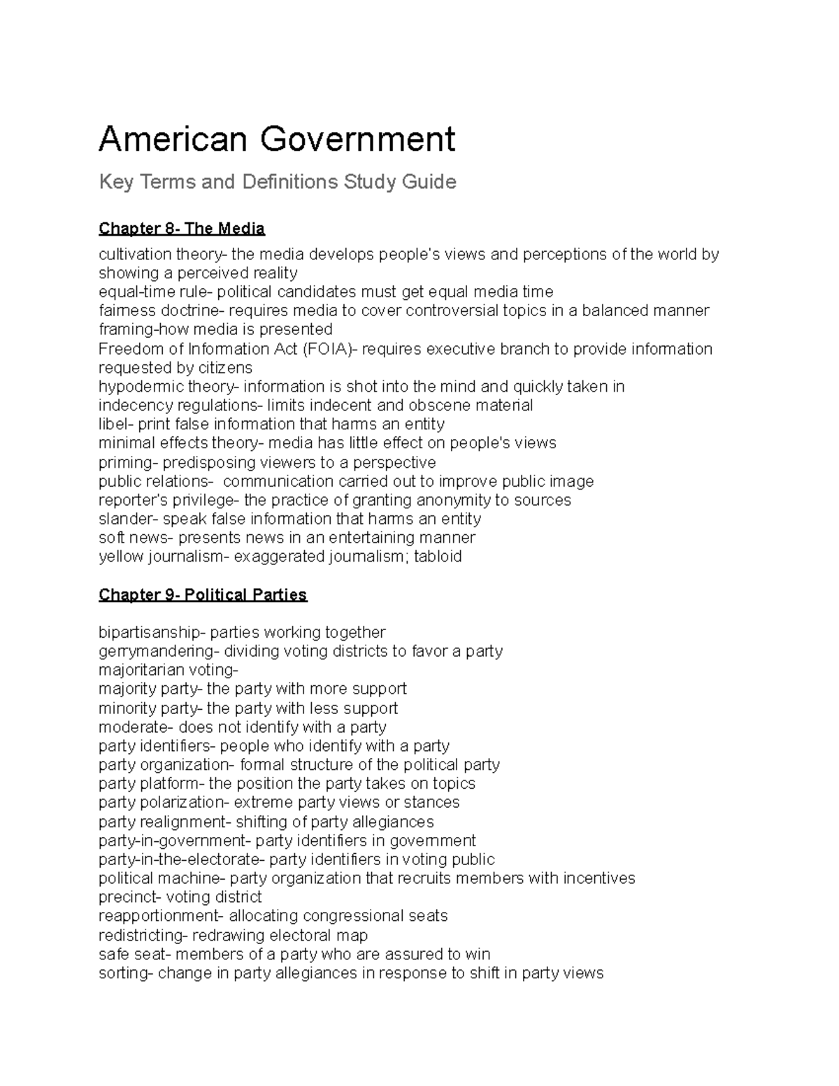 American Government Key Terms Definitions Study Guide (Ch. 8-12) - Studocu