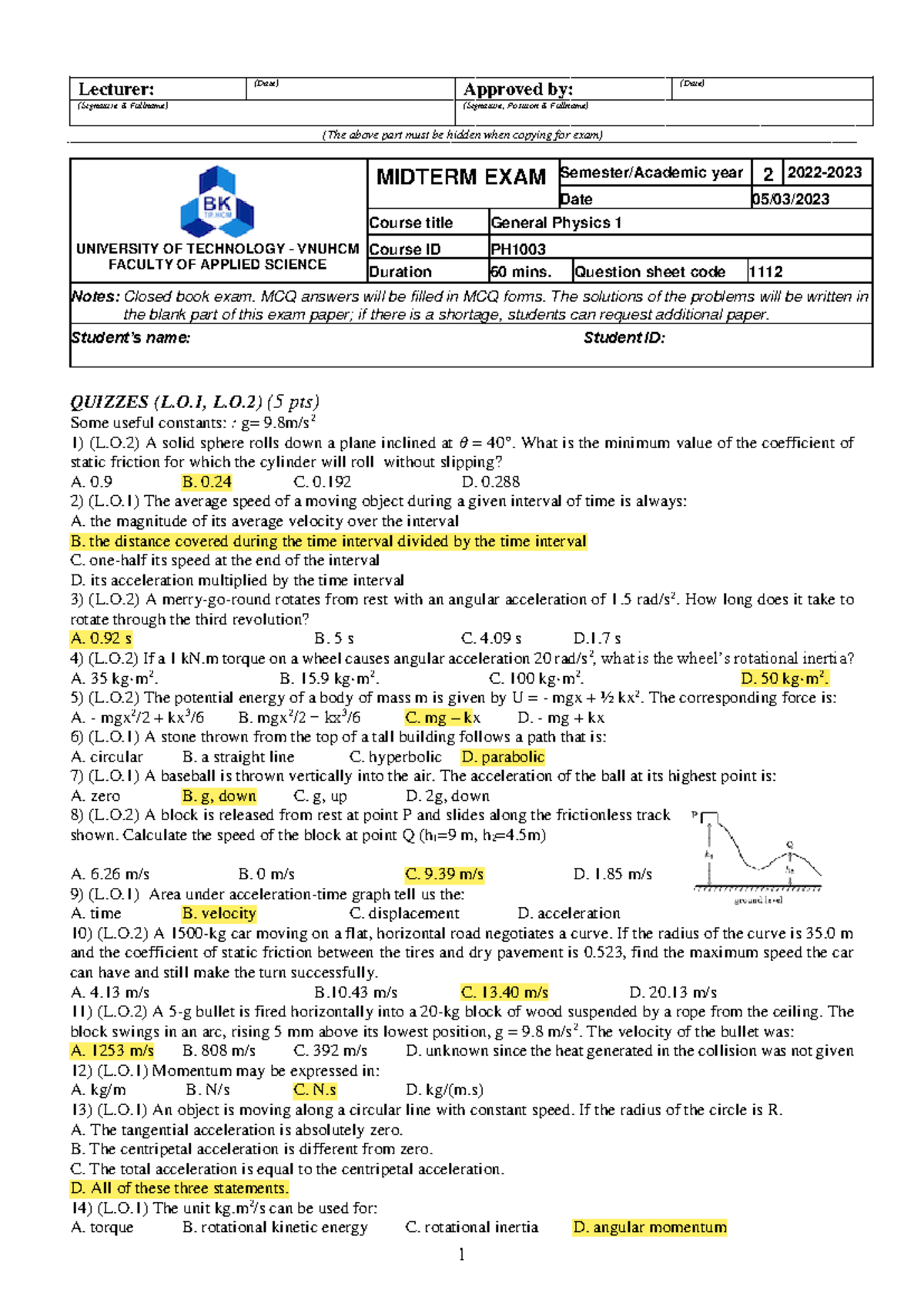 Midterm Exam Physics 1 HK222 1112-final print - 1 Lecturer: (Date ...