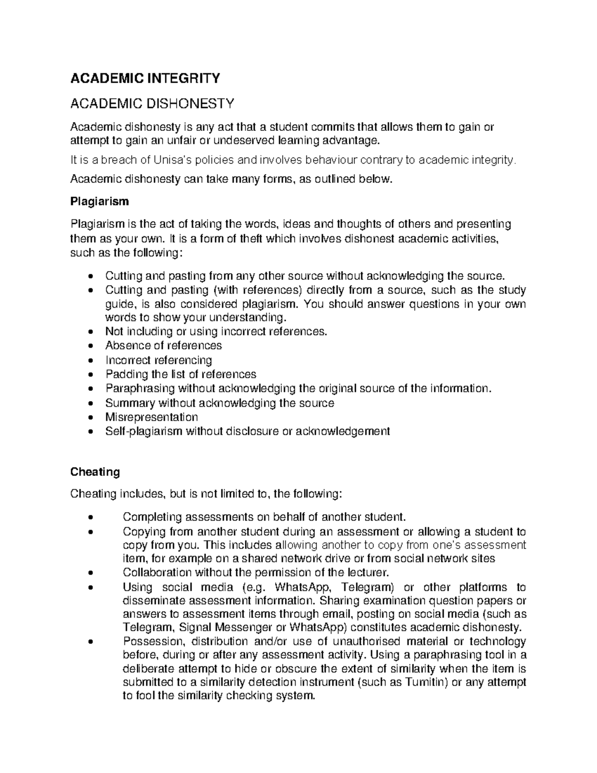 Academic Integrity & Dishonesty Guidelines - UNISA Policies Overview ...