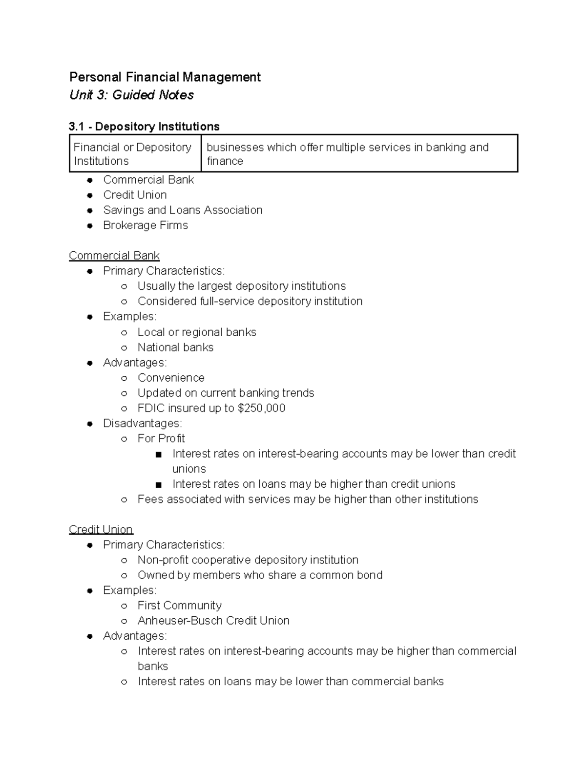 Personal Finance Management: Unit 3 Guided Notes on Banking Services ...