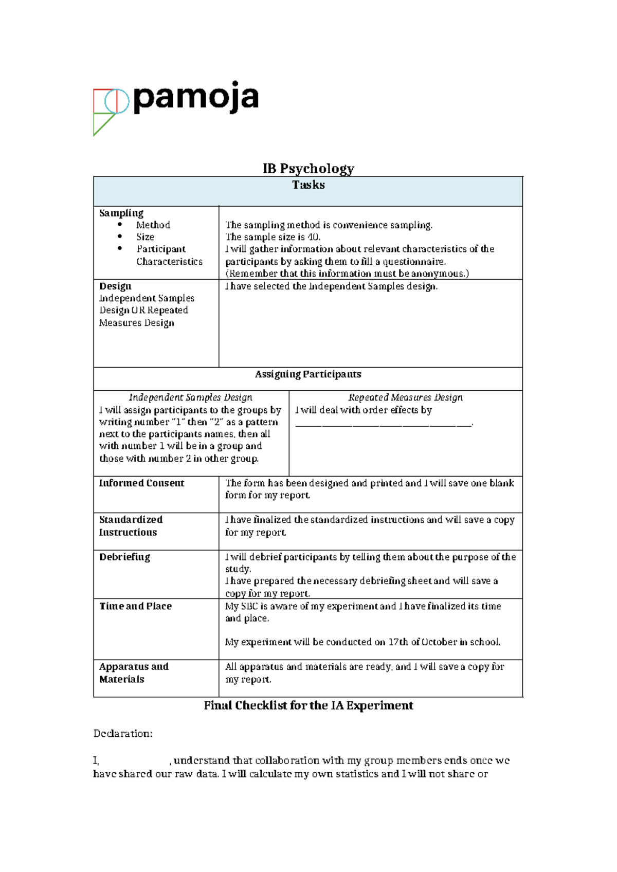 IA Experiment Checklist V3 - IB Psychology Tasks Sampling Method Size ...