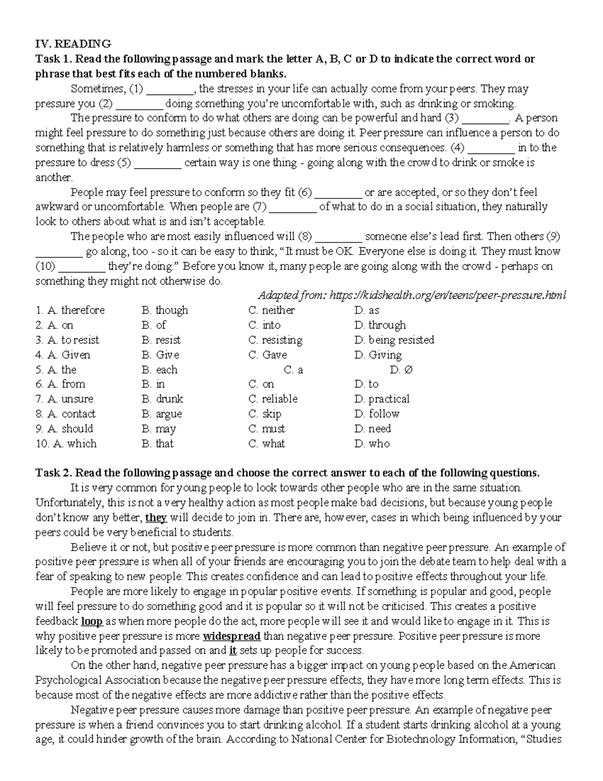 Reading B2 U9 11 - Peer Pressure: Positive & Negative Effects - Studocu