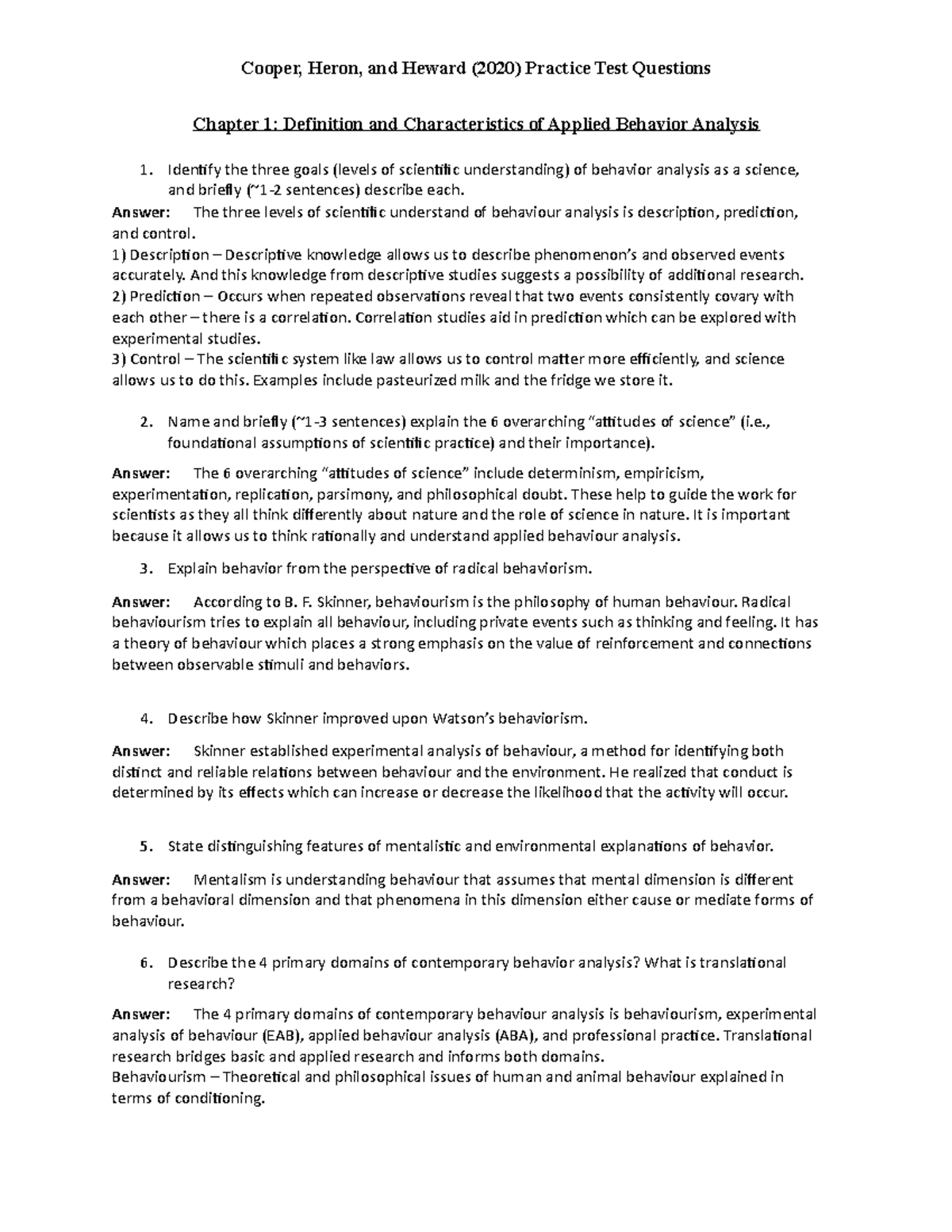 Cooper et al. CH 1 Applied Behavior Analysis Practice Test Questions ...