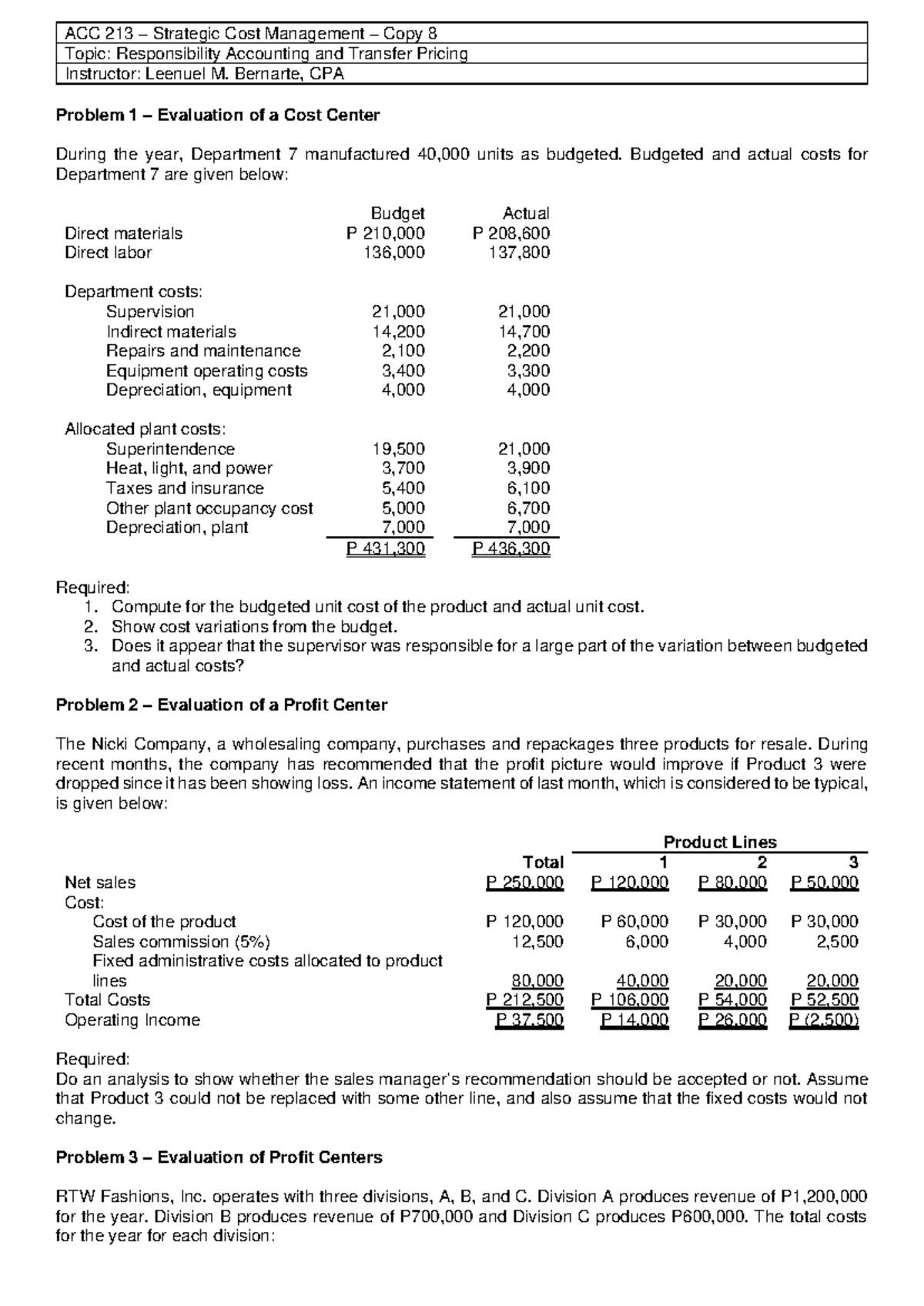 ACC 213 Sample Problems: Responsibility Accounting & Transfer Pricing - Studocu