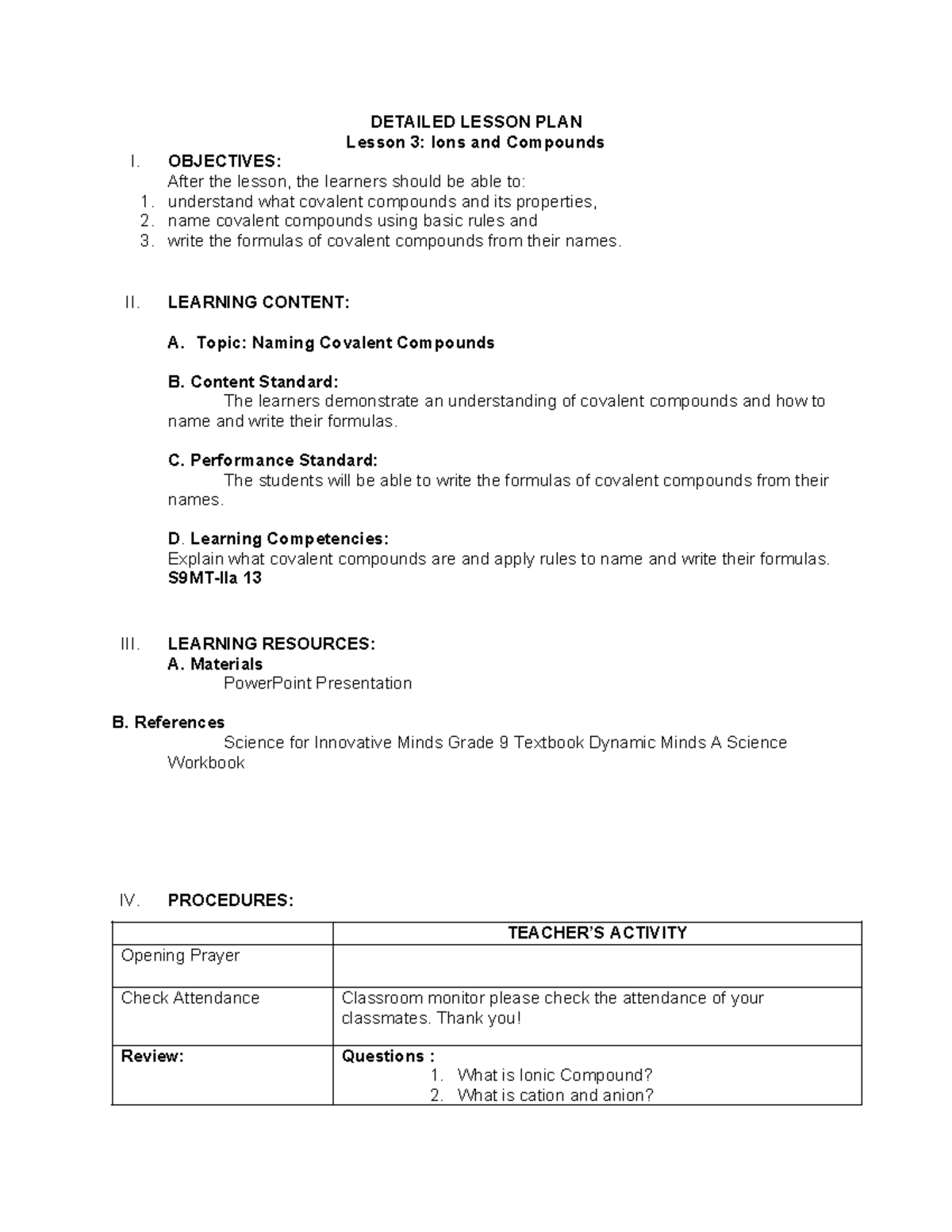 Lesson Plan Covalent Naming - DETAILED LESSON PLAN Lesson 3: Ions and ...