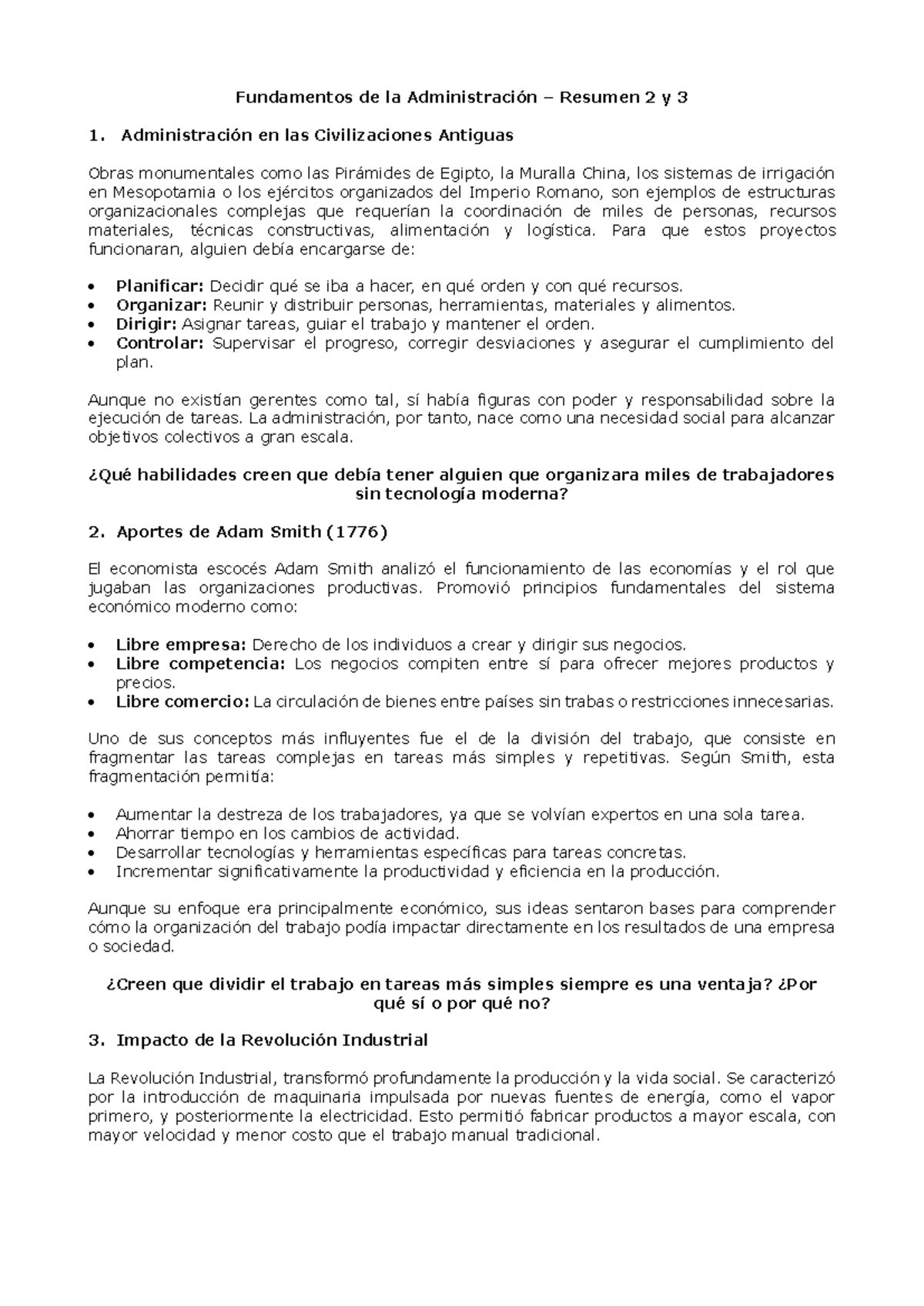 Fundamentos de la Administración: Resumen 2 y 3 - Claves Históricas y ...