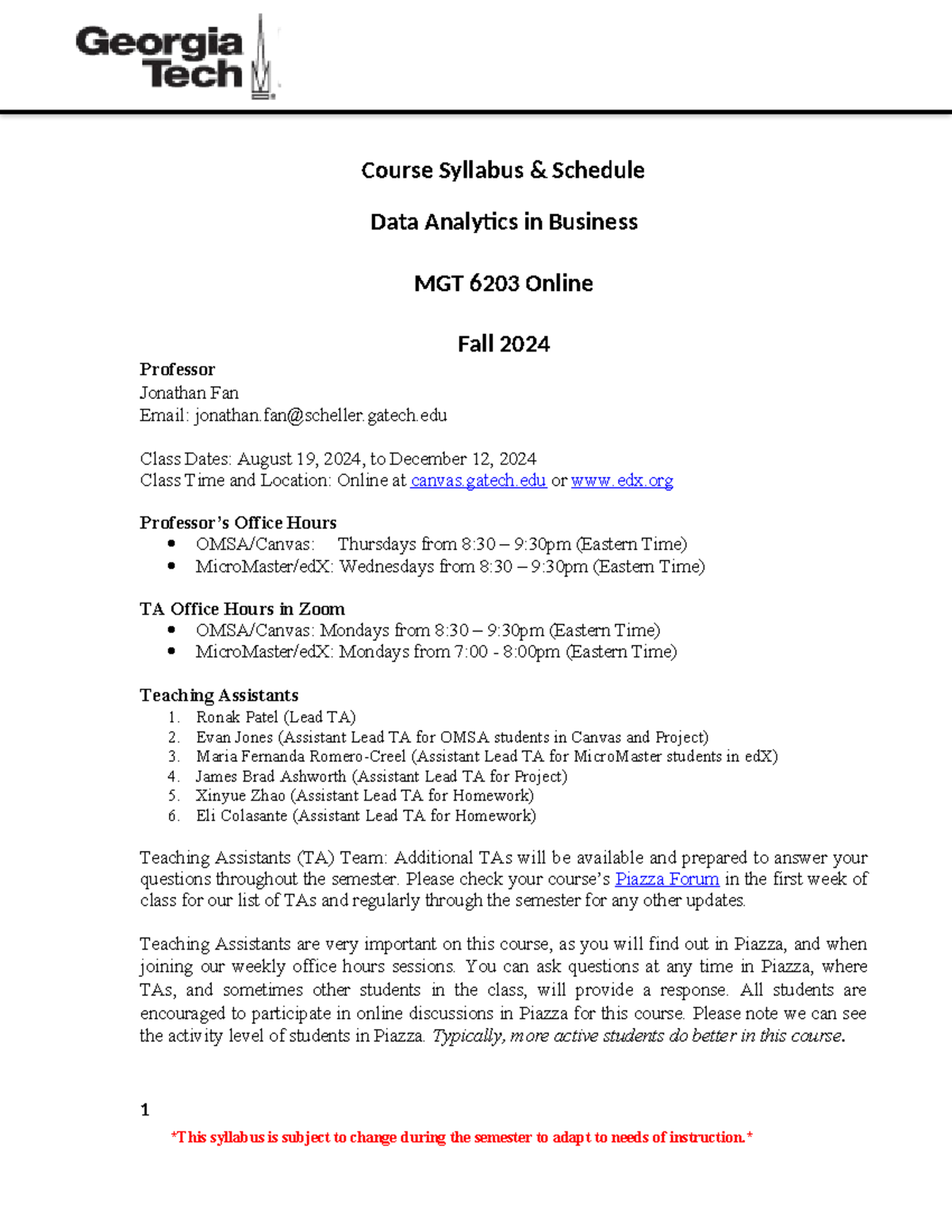 MGT 6203 Data Analytics in Business Syllabus - Fall 2024 - Studocu