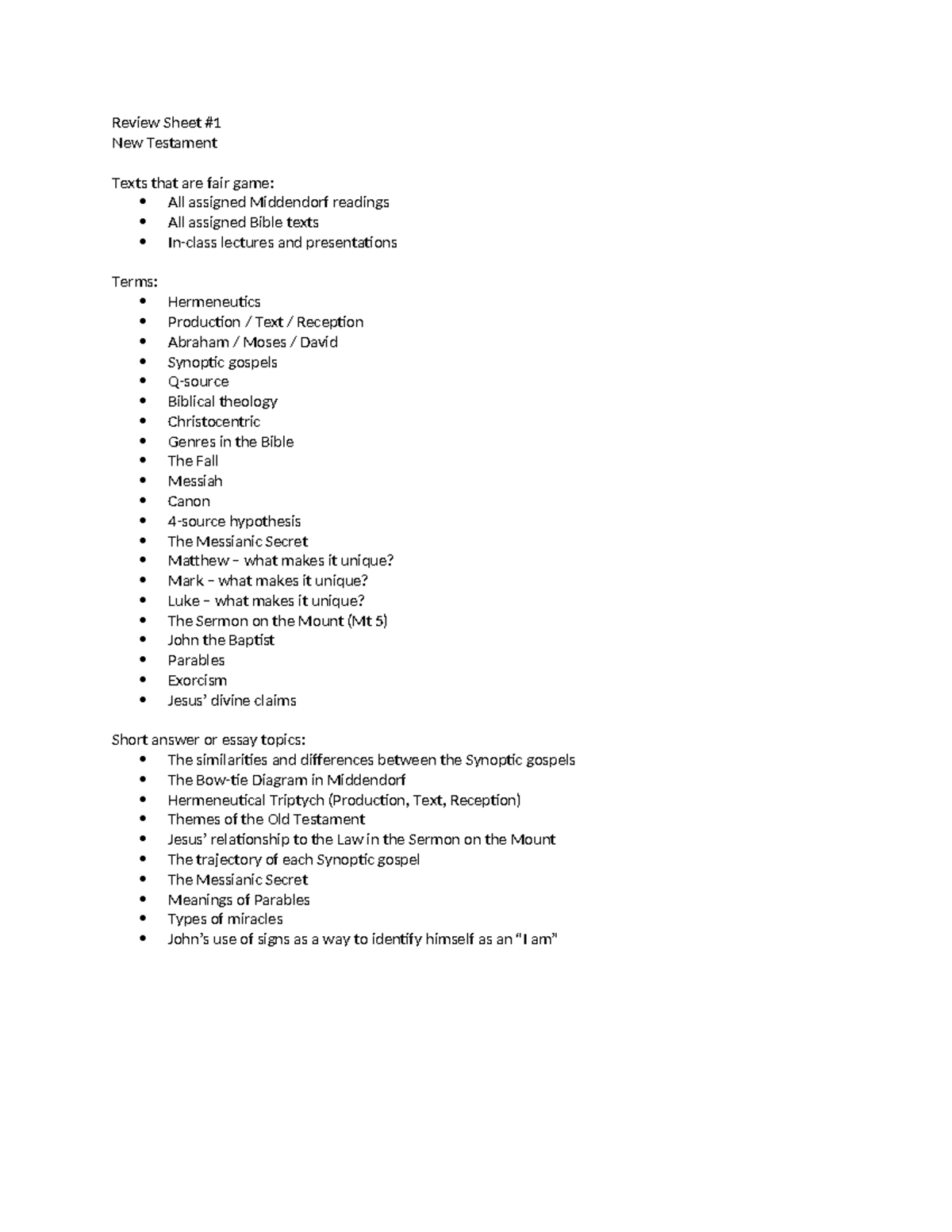 New Testament Review Sheet: Key Terms & Essay Topics (Course Code ...