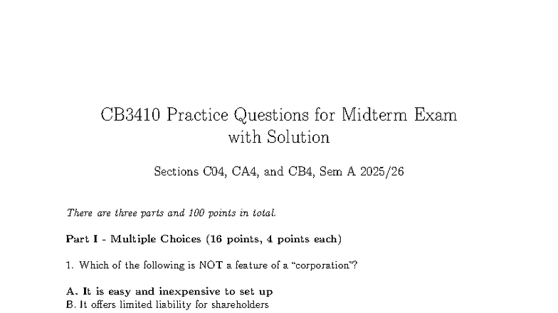 CB3410 Midterm Exam Practice Questions & Solutions for Sem A - Studocu
