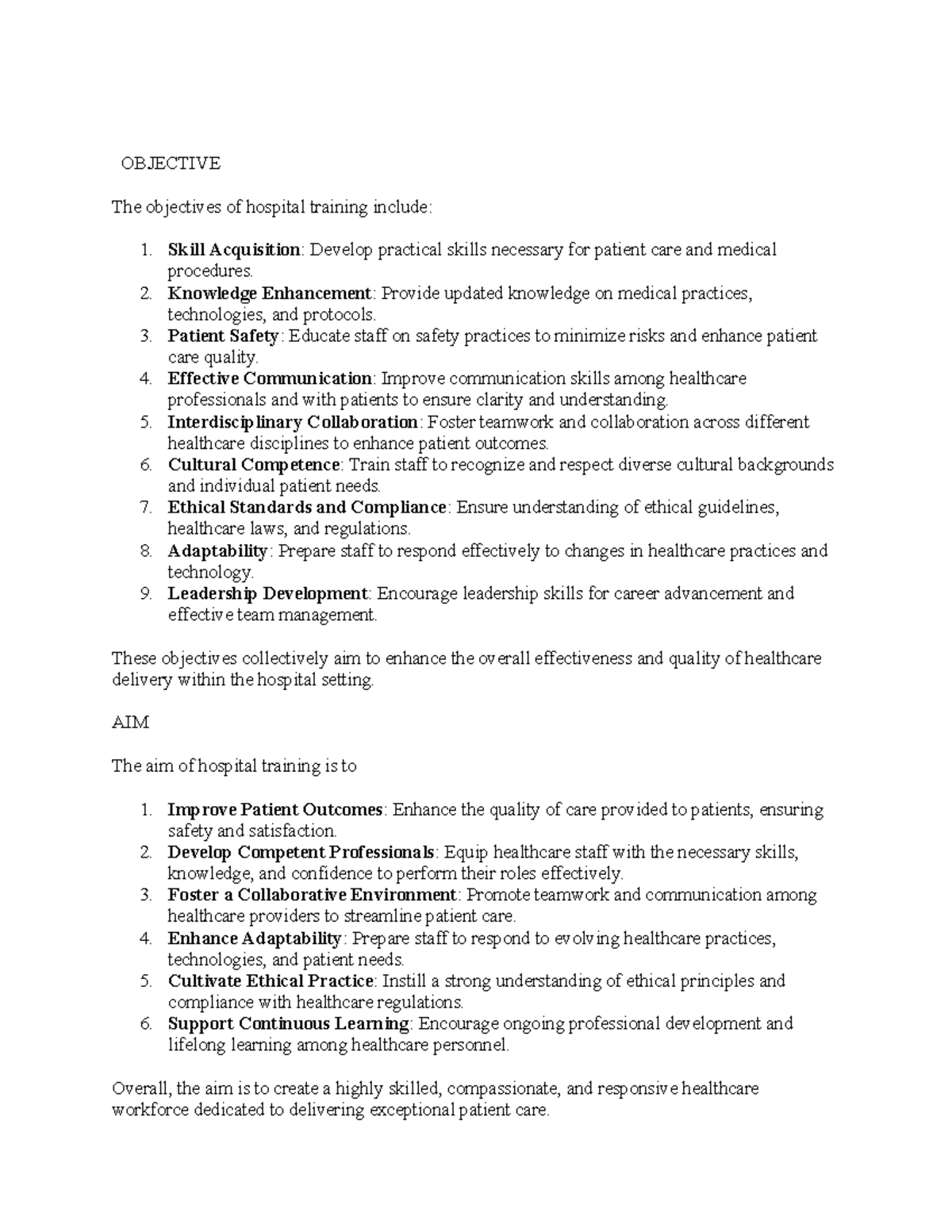 Hospital Training Report: Objectives, Aims, and Department Overview ...