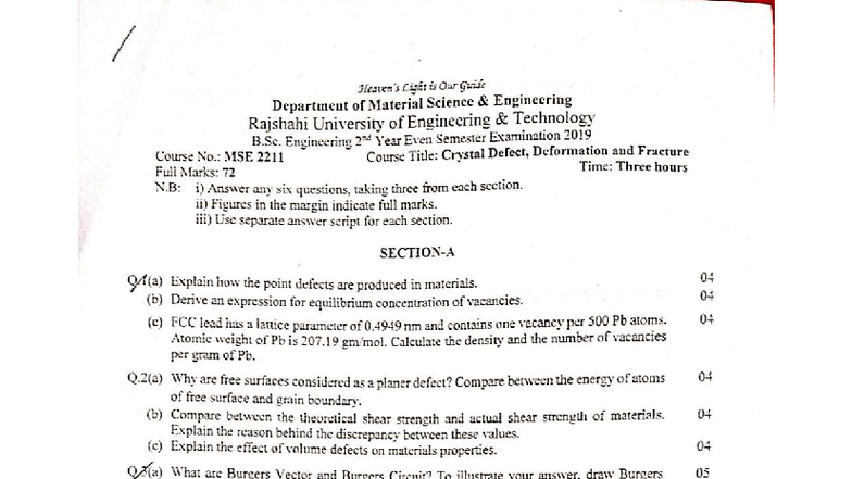 MSE 2211 Final Exam Questions: Crystal Defect, Deformation & Fracture ...