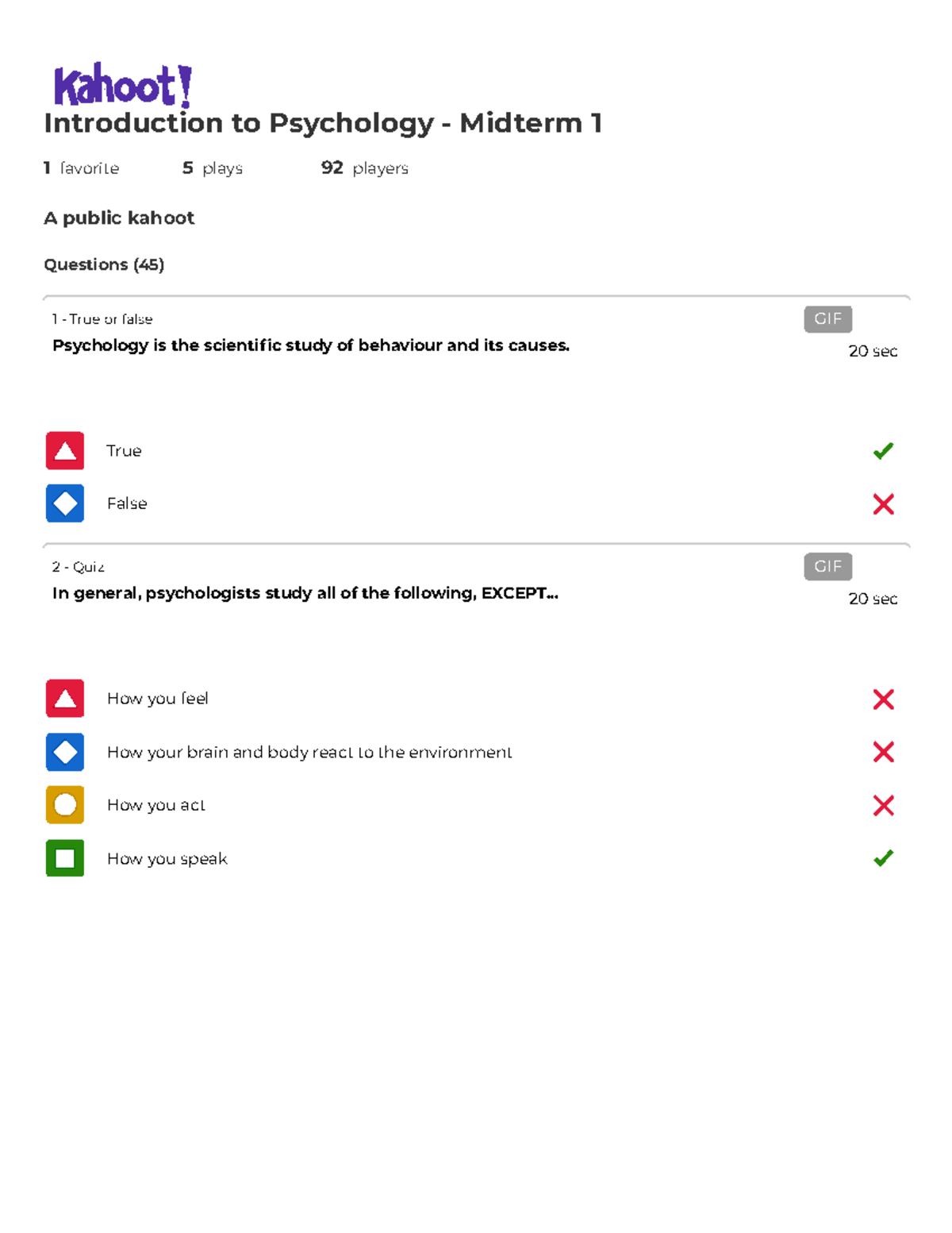 PSYC 1010 Midterm 1 Kahoot Review: Key Concepts & Questions - Studocu