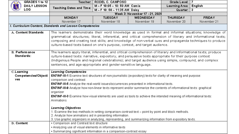Week 3 Lesson Log: English 7 - Comparison & Contrast Techniques - Studocu