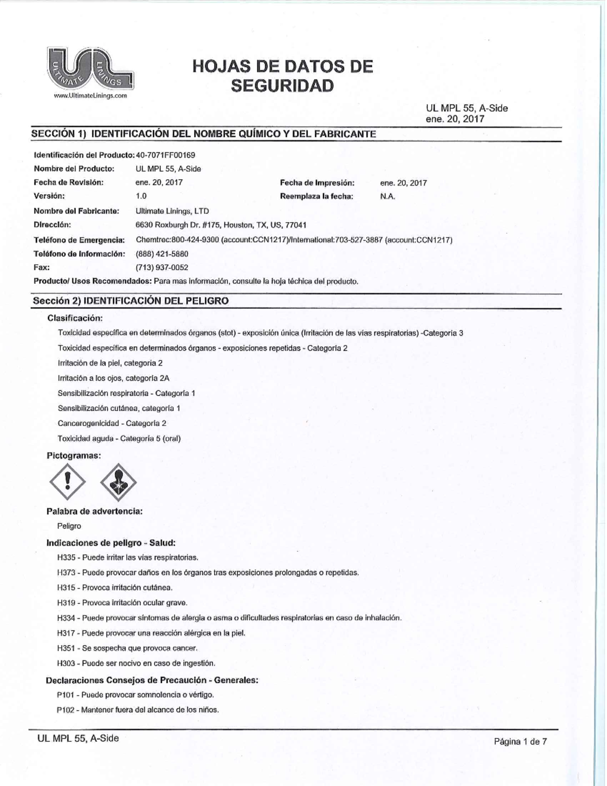 Producto a - fffff - EMEMATE HOJAS DE DATOS DE SEGURIDAD UL MPL 55, ene ...