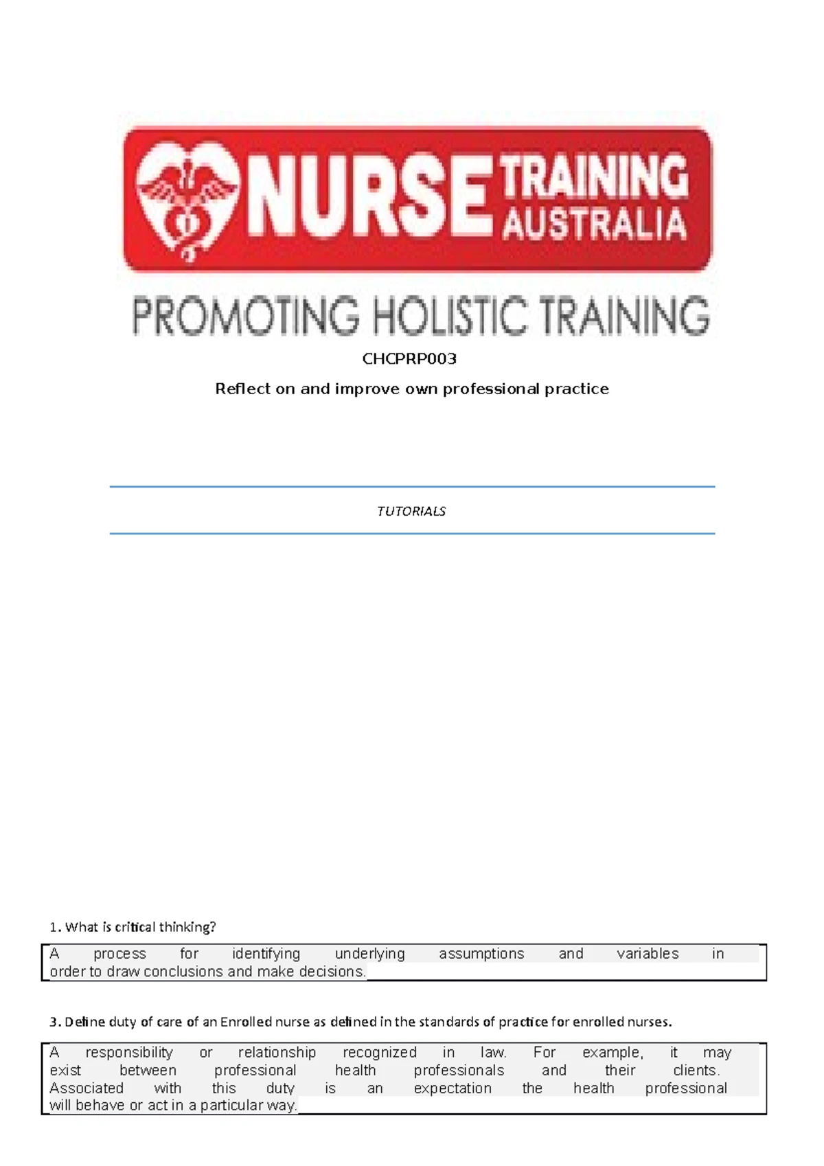 Chcprp 003 – Assignment - CHCPRP003 – Assignment What you have to do The assignment for the unit ...