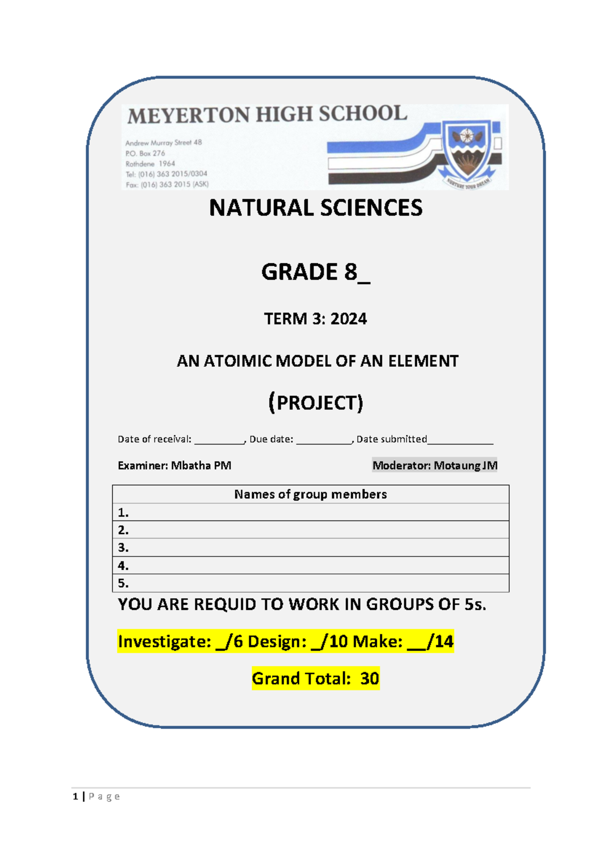 NS Project GRD 8 Term 3 2024: Atomic Model Investigation and Design ...