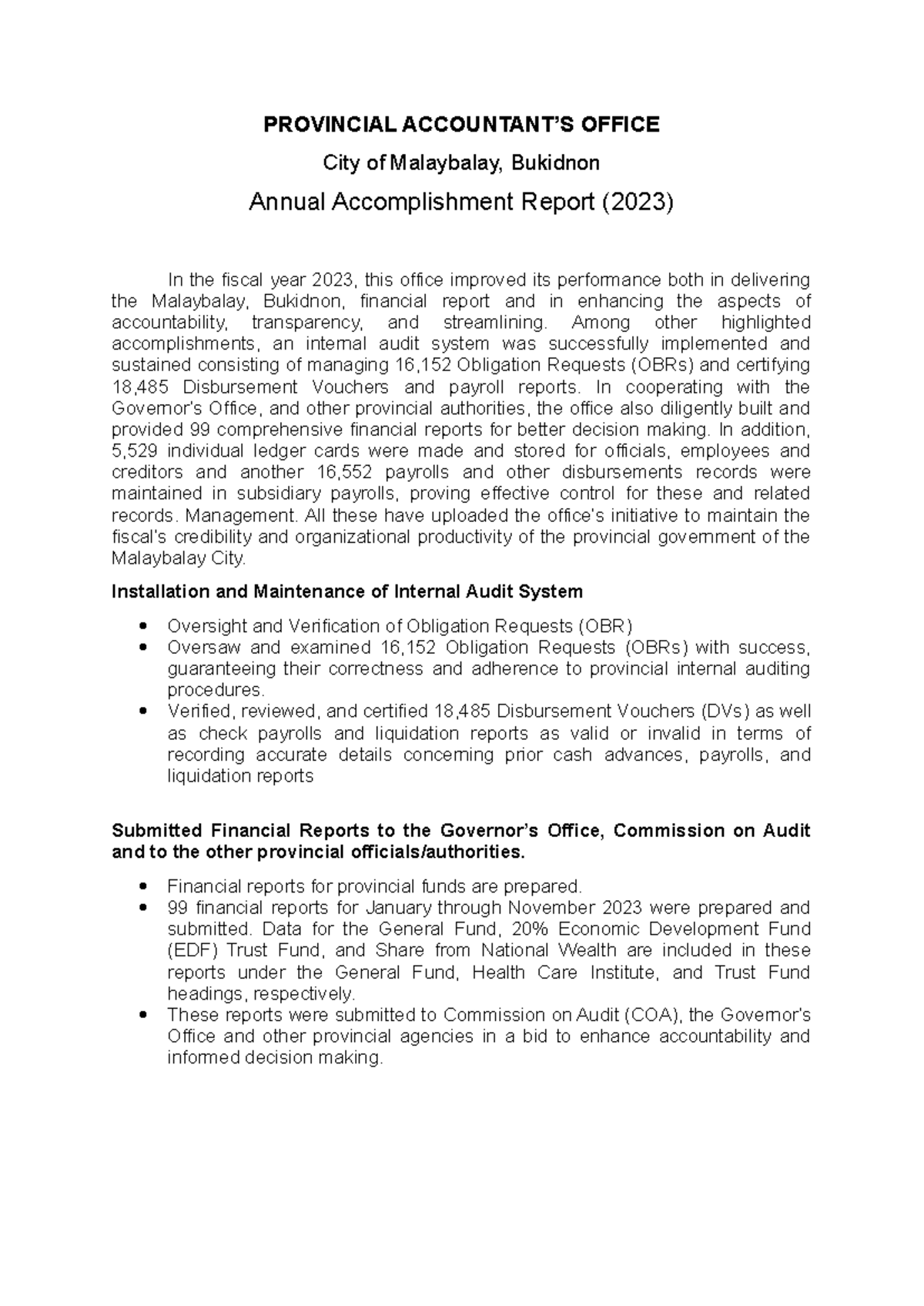 Accomplishment Report 2023 - Provincial Accountant’s Office - Studocu