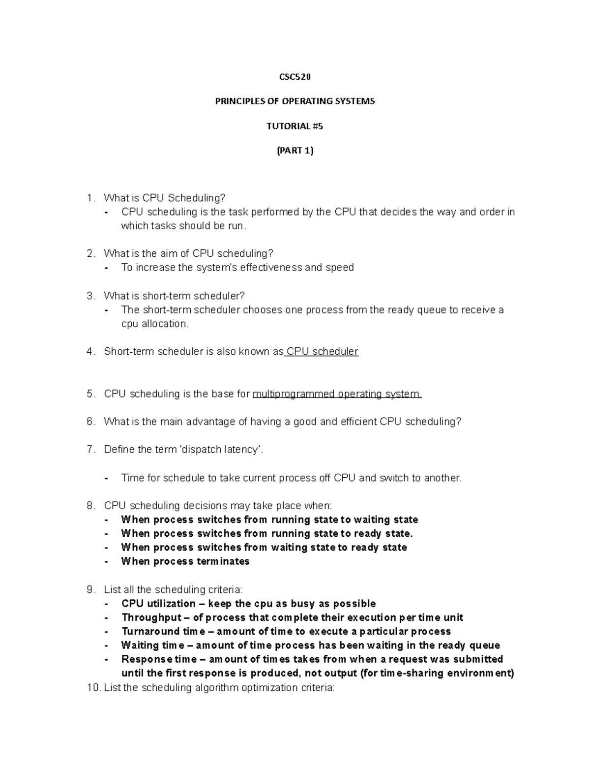 CSC520-Tutorial 5-Part 1 - CSC PRINCIPLES OF OPERATING SYSTEMS TUTORIAL (PART 1) What is CPU ...