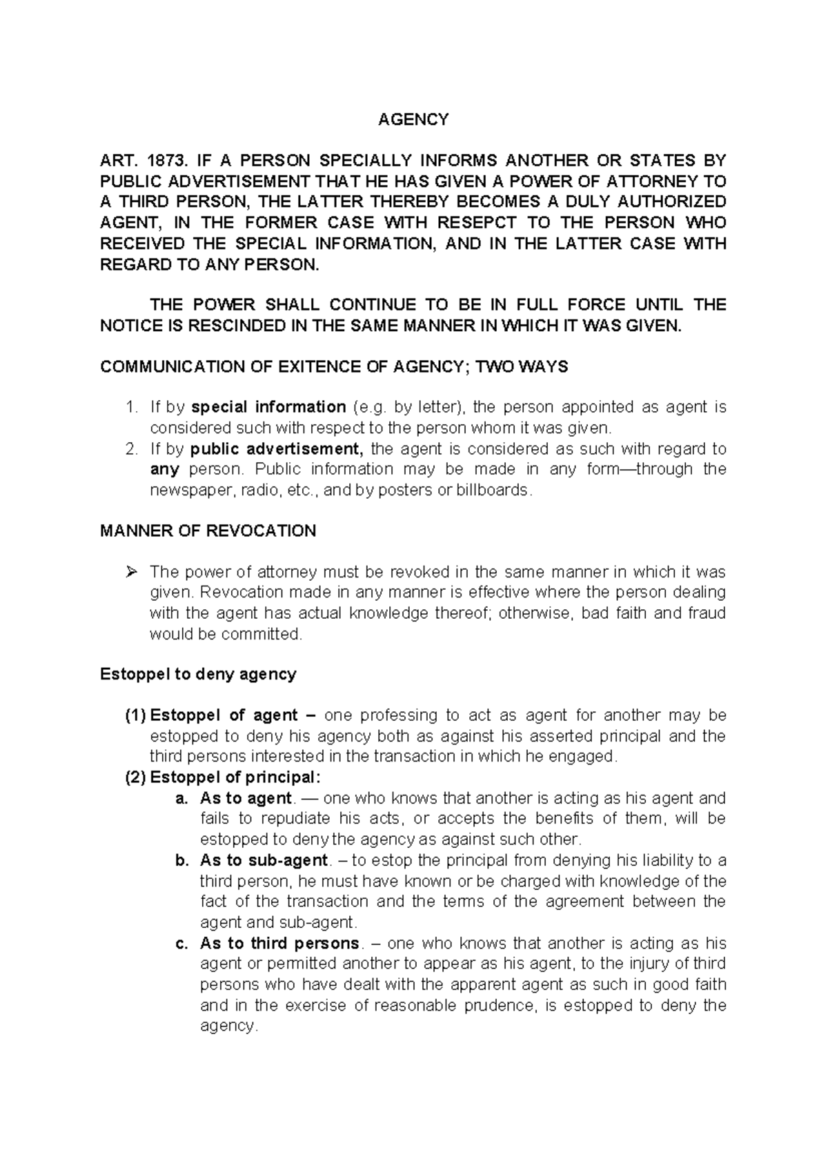 Agency Law Notes and Case Digests (AGENCY 1873-1877) - Studocu