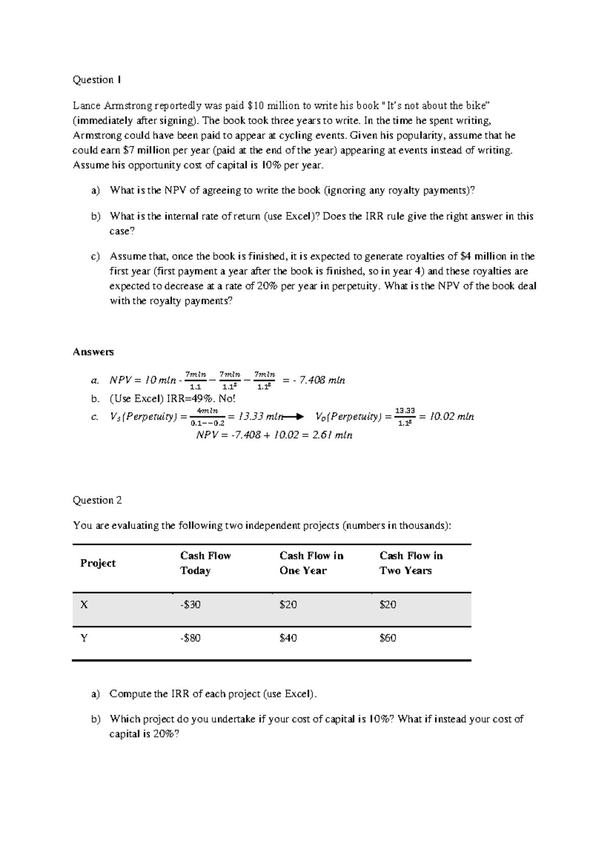 Investment Analysis Tutorial Week 5 with Answers on NPV and IRR ...