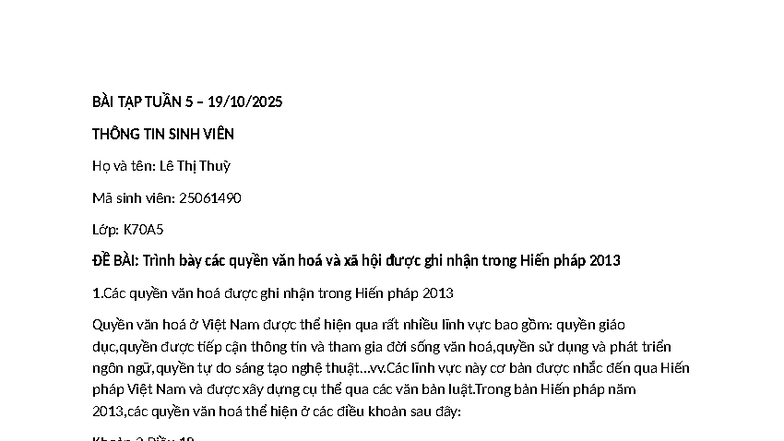 BÀI TẬP TUẦN 5: QUYỀN VĂN HÓA VÀ XÃ HỘI TRONG HIẾN PHÁP 2013 - Studocu