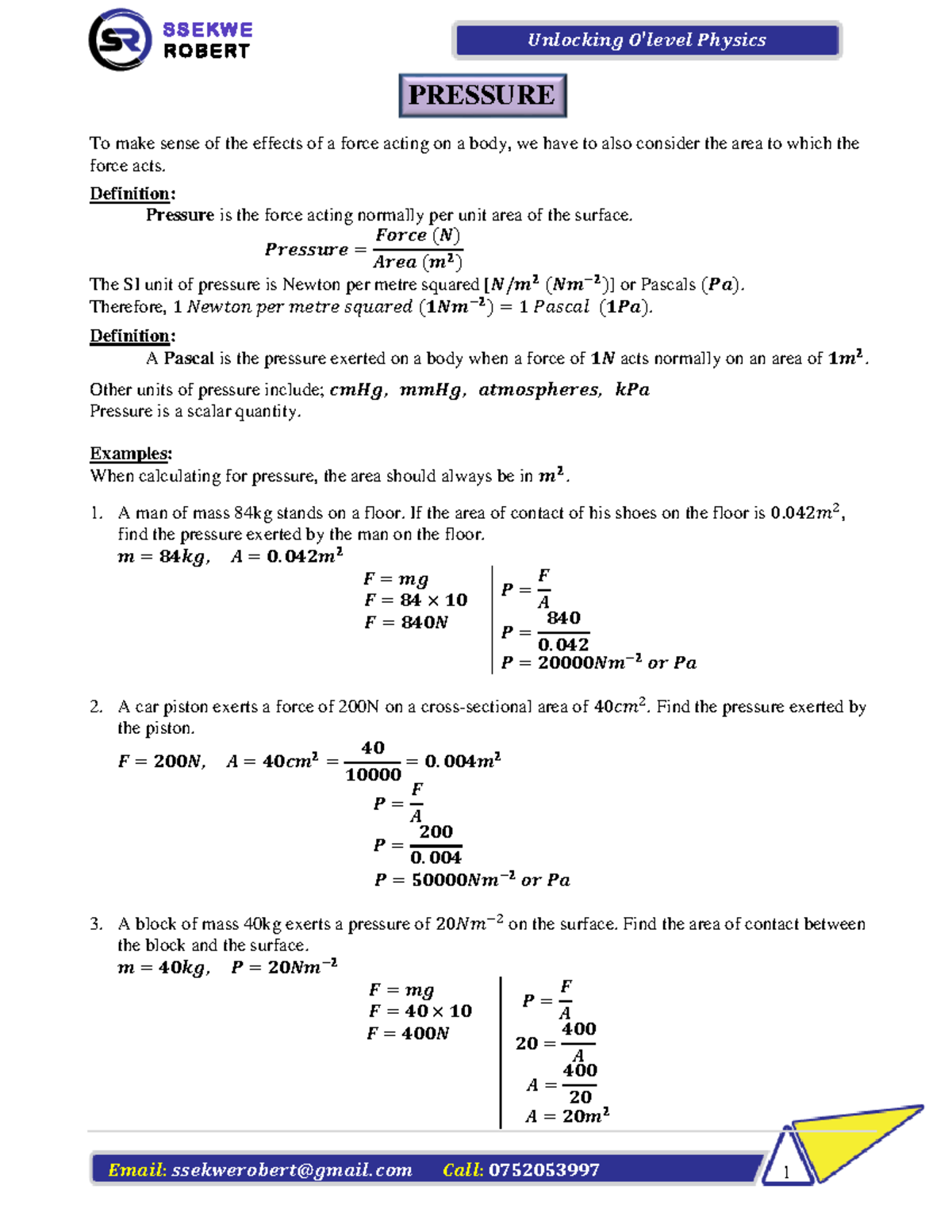 Pressure Concepts Summary for Unblocking O'level Physics - Studocu
