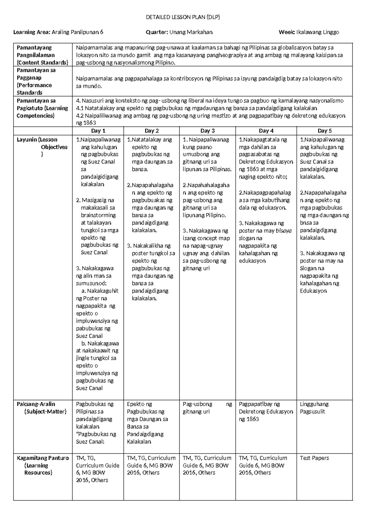 DLP Q1 W2 - Araling Panlipunan Lesson Plan on Suez Canal Effects - Studocu
