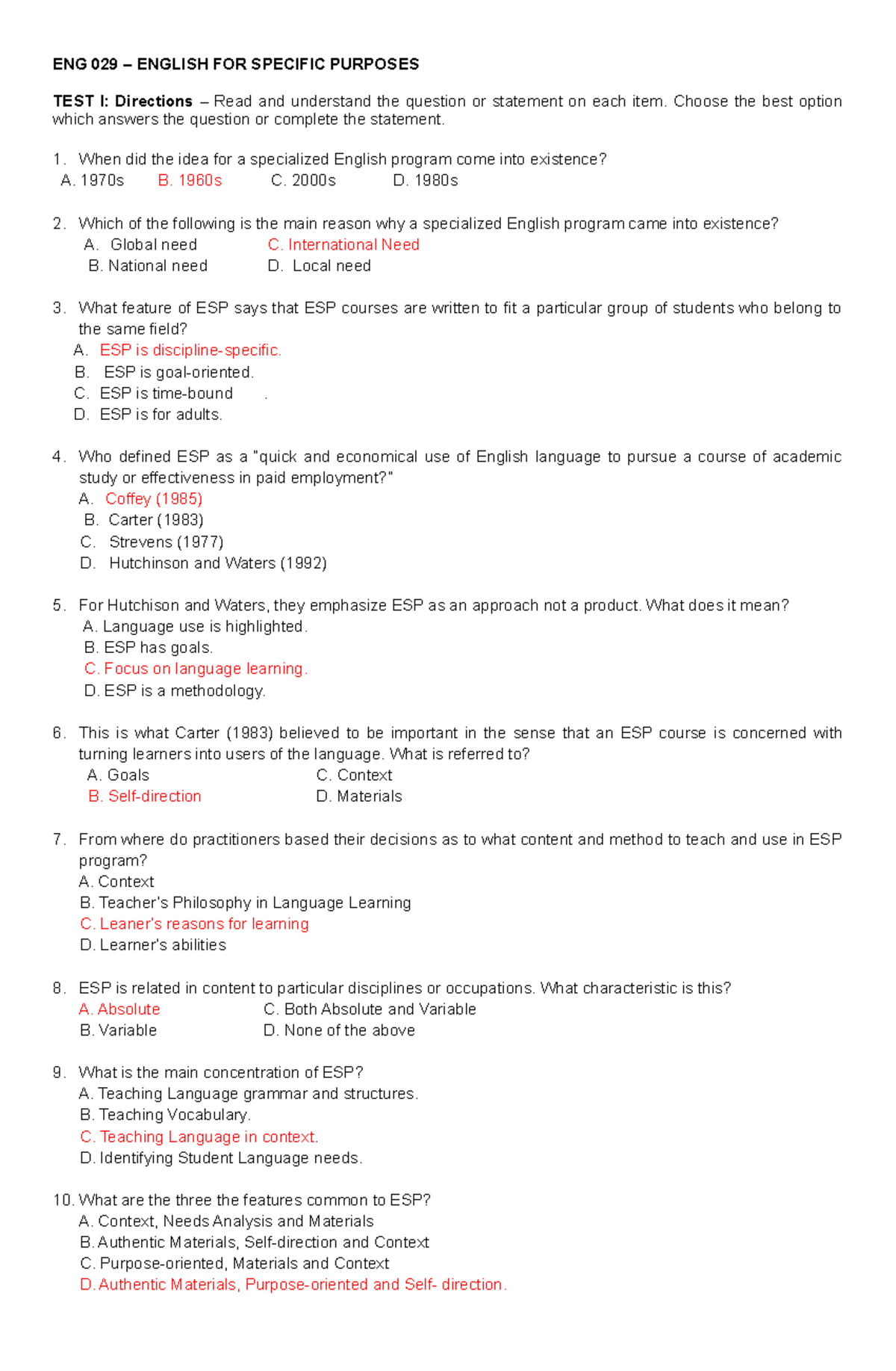 ENG 029 Test I: English for Specific Purposes Questions and Directions ...
