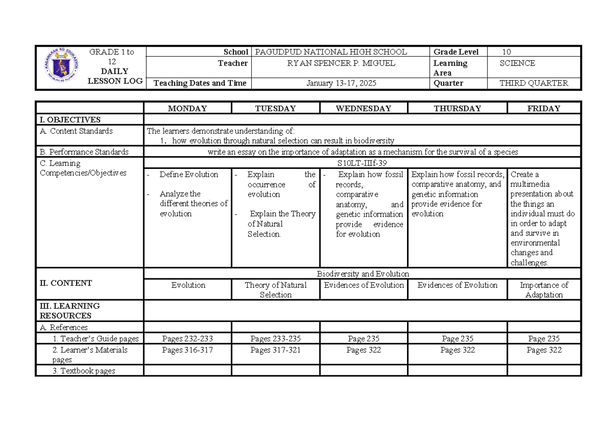 DLL 3Q W6 - Learning material - GRADE 1 to 12 DAILY LESSON LOG School PAGUDPUD NATIONAL HIGH ...
