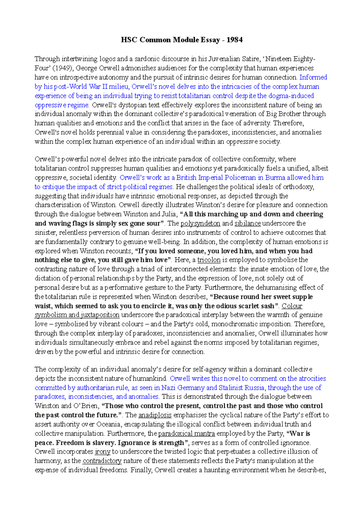 HSC Common Module Essay - Analyzing Paradoxes in Orwell's 1984 - Studocu