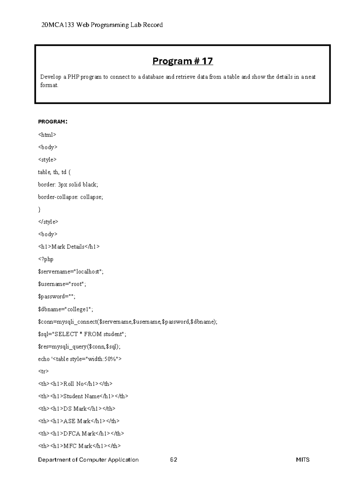 20MCA133 Web Programming Lab Record: PHP Database Connection & App - Studocu