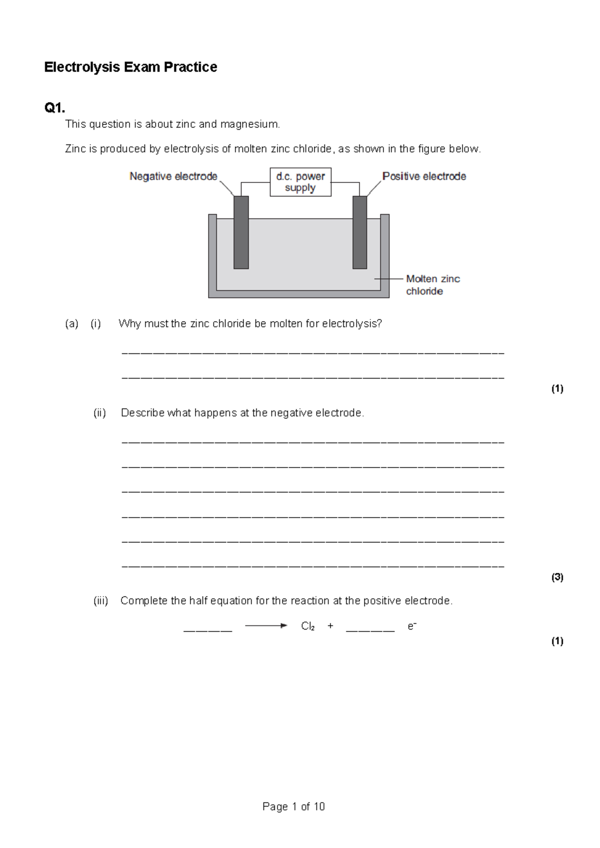 Electrolysis Practice Exam Questions - CHEM 101 Final Review - Studocu