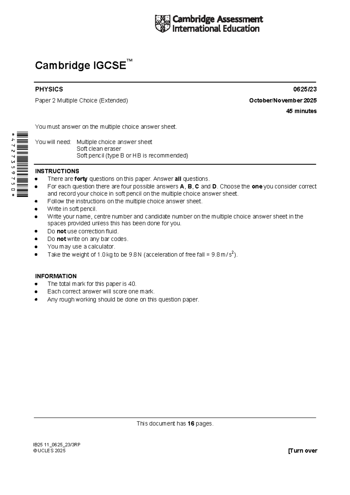 Cambridge PHYSICS 0625 Nov 2025 Paper 2 MCQ Extended Guide - Studocu