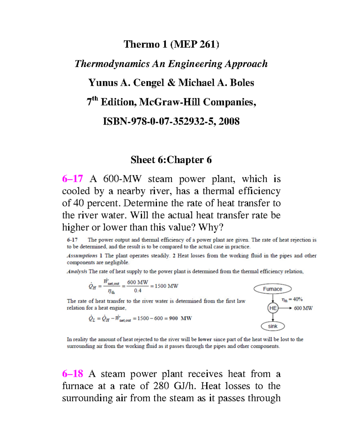 Sheet 6 solution - Ejercicios de termodinamica - Thermo 1 (MEP 261) Thermodynamics An ...