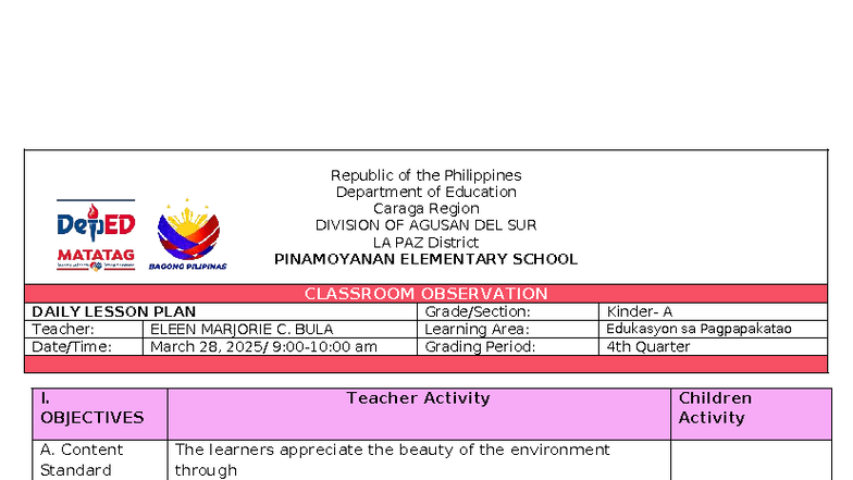 Week 5 Lesson Plan: Environmental Awareness for Kindergarten (K-MB-IV-1 ...